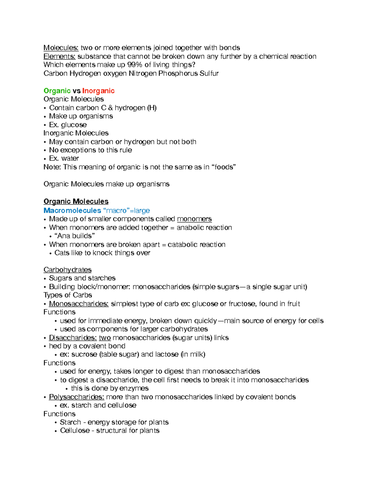 9:5 Components of Life - Dr. Kosewicz - Molecules: two or more elements ...