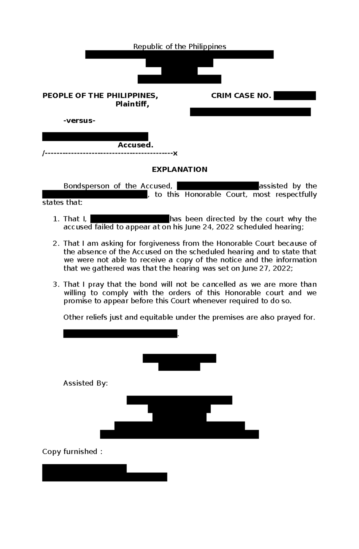 Explanation - Court - Sample - Republic of the Philippines REGIONAL ...