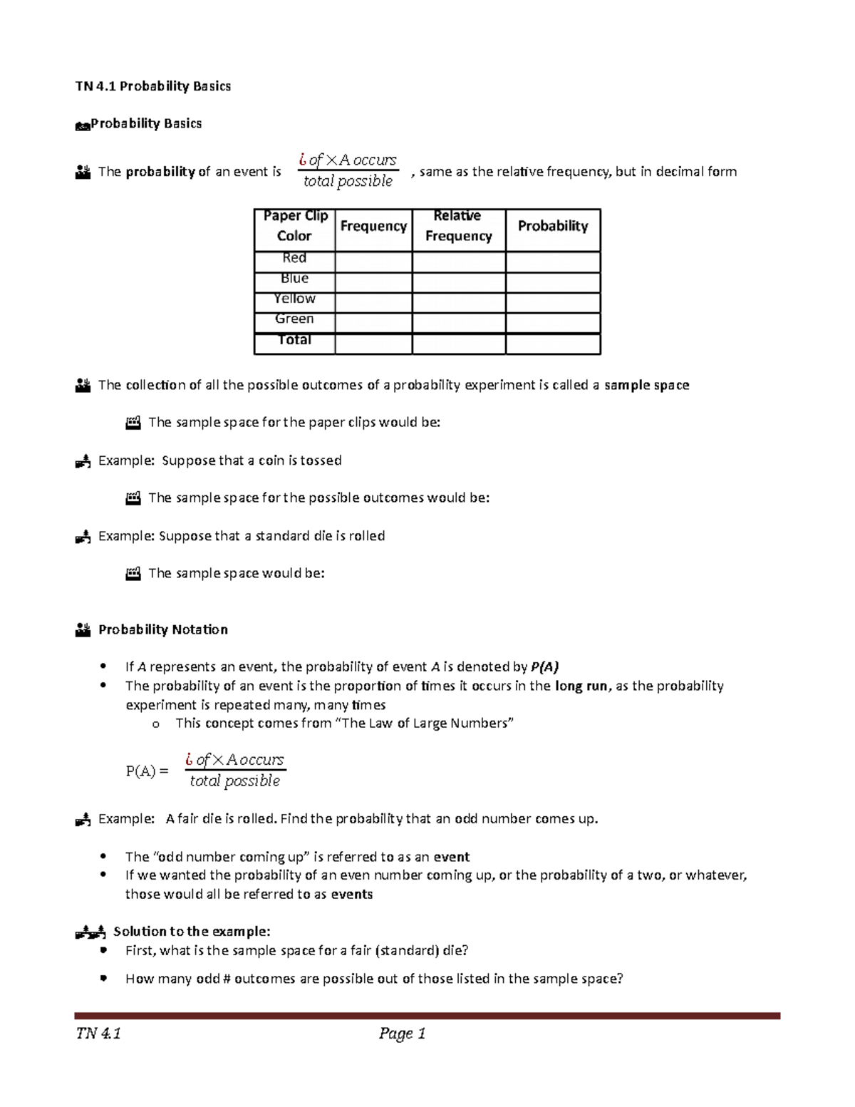 TN 4.1 Probability Basics - TN 4 Probability Basics Probability Basics ...