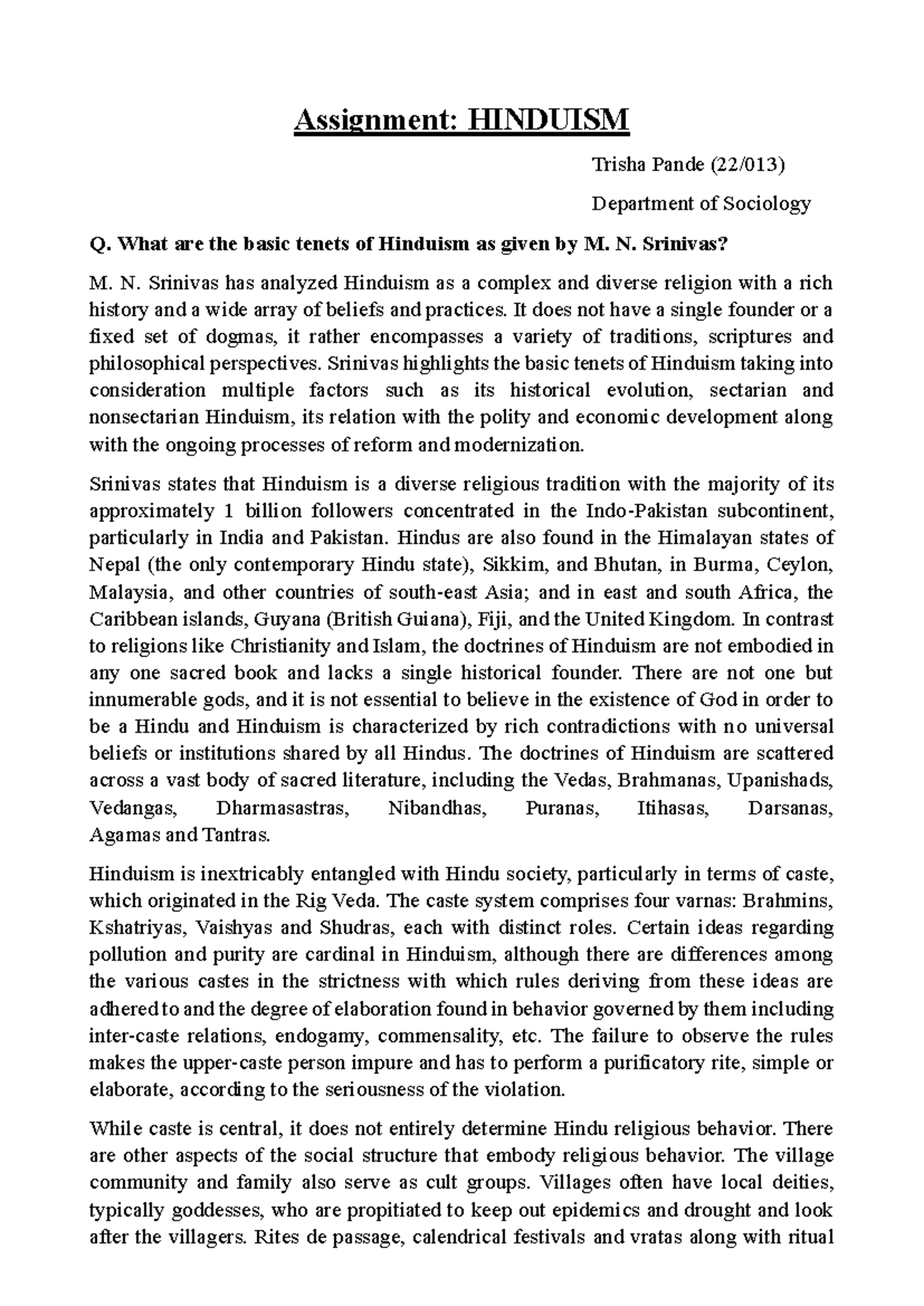 Hinduism-1 - Notes - Assignment: HINDUISM Trisha Pande (22/013 ...