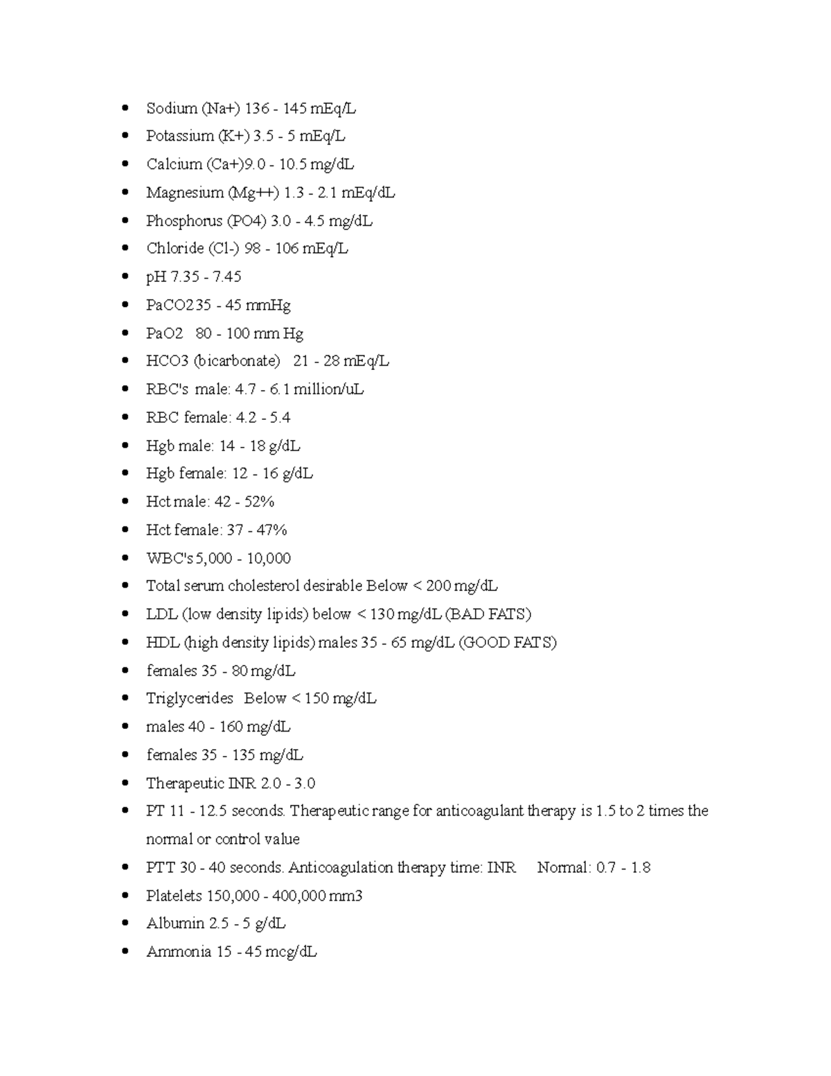 Important Labs to know - Sodium (Na+) 136 - 145 mEq/L Potassium (K+) 3 ...