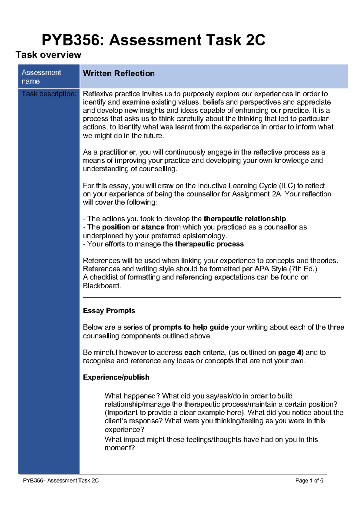 PYB356 2C Task Sheet & CRA - PYB356: Assessment Task 2C Task overview ...