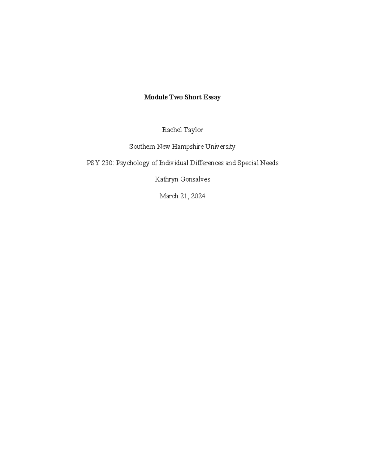 PSY-230 Module 2 Short Essay - Module Two Short Essay Rachel Taylor ...