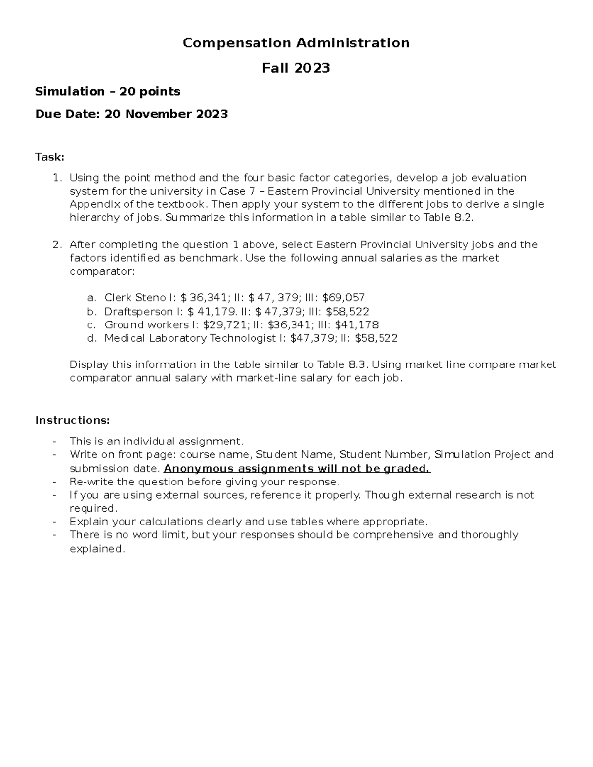 Simulation Part 1 20pts - Compensation Administration Fall 2023 ...