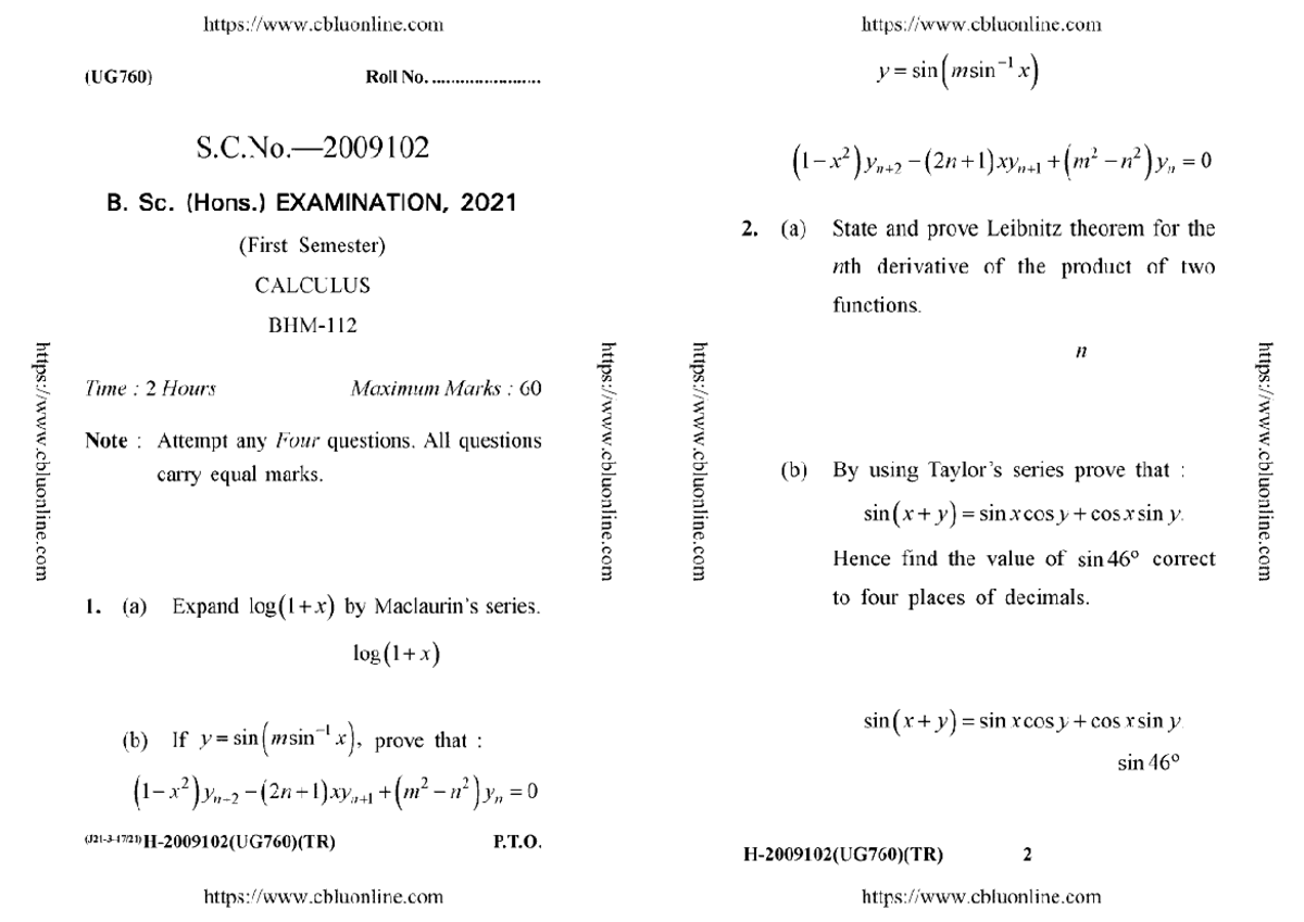 Bsc 1 sem hons calculus 2009 102 2021 - B.Sc Chemistry - Studocu