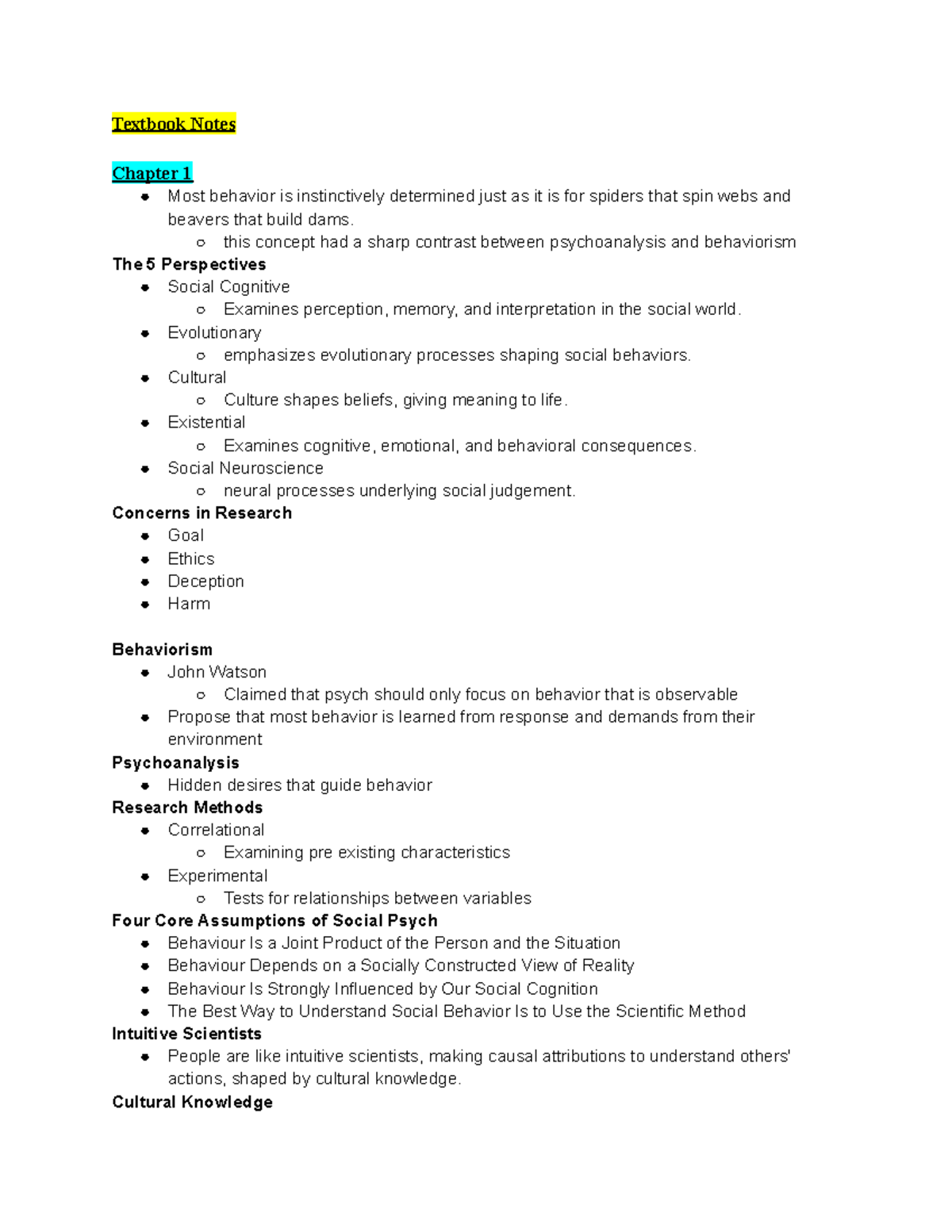 Social Pysch Textbook Notes Midterm Textbook Notes Chapter 1 Most Behavior Is Instinctively