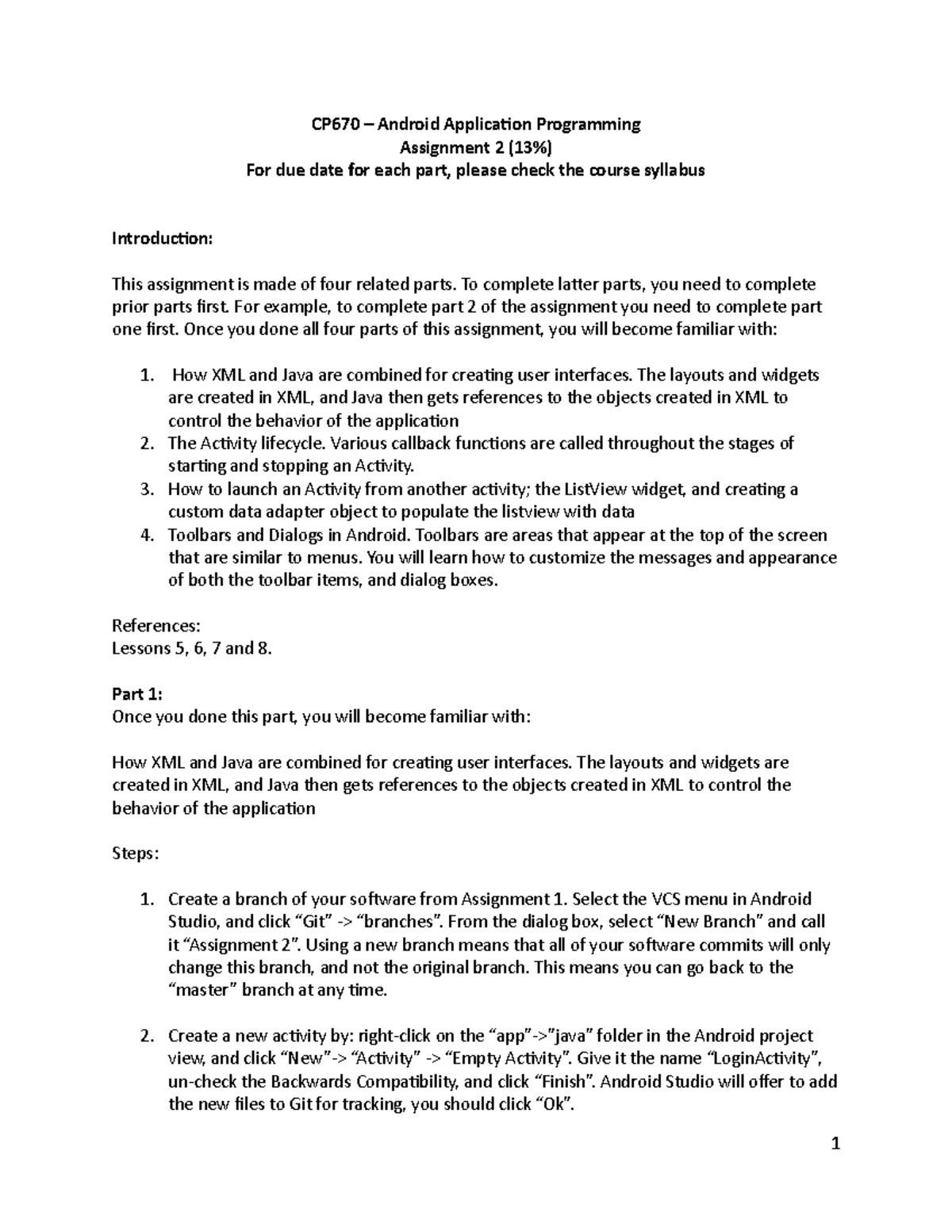 Cp670 assignment 2 - notes for lect - CP670 Android Application ...