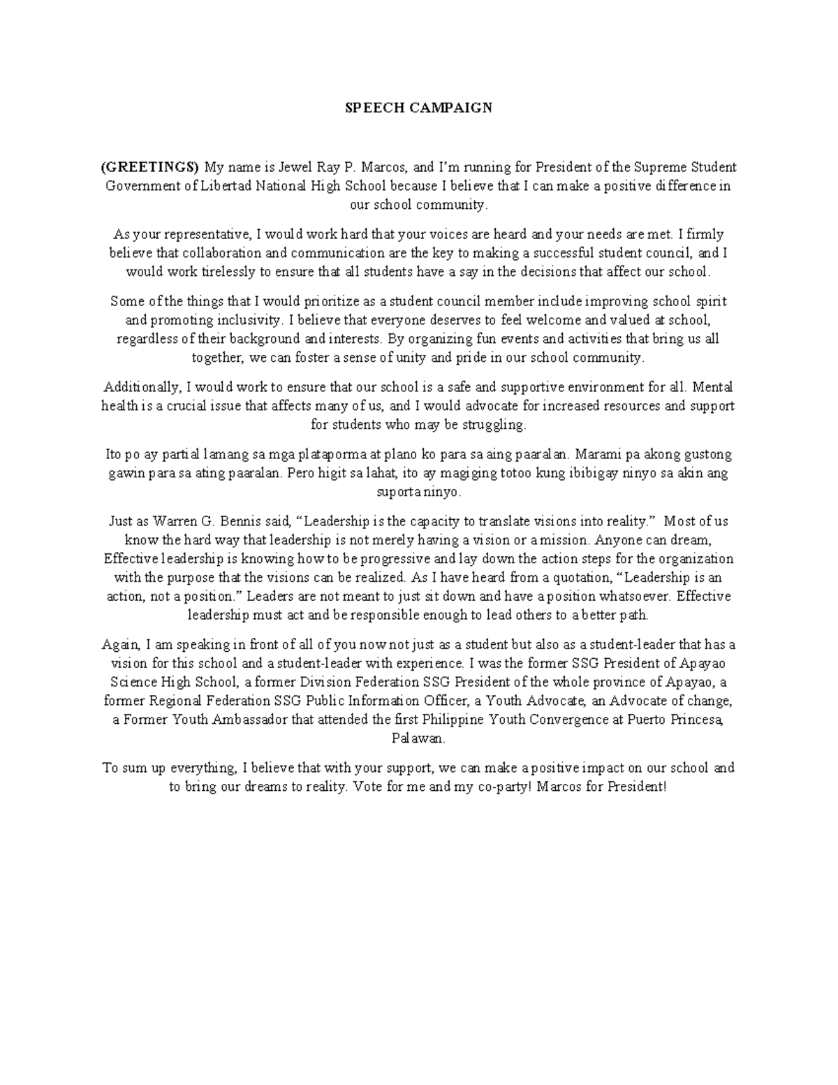 Speech Campaign - SPEECH CAMPAIGN (GREETINGS) My name is Jewel Ray P ...