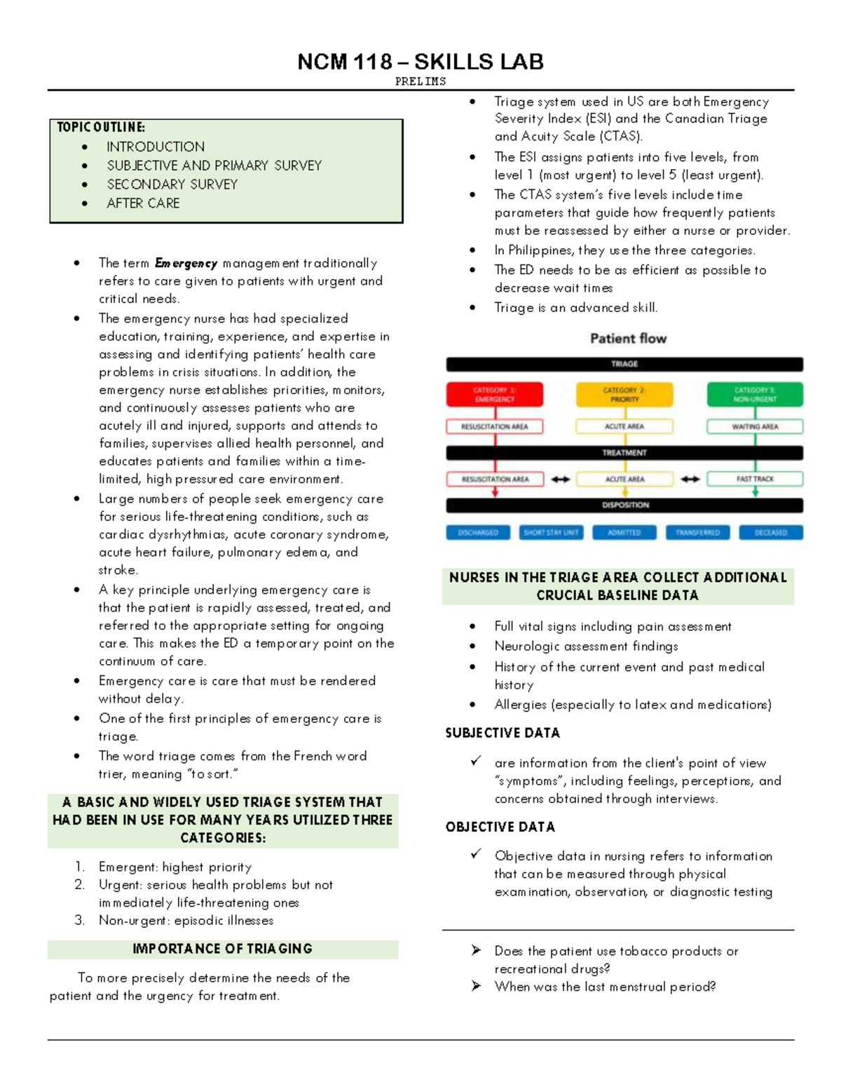 NCM 118 SL Prelim - Emergency Nursing - PRELIMS TOPIC OUTLINE ...