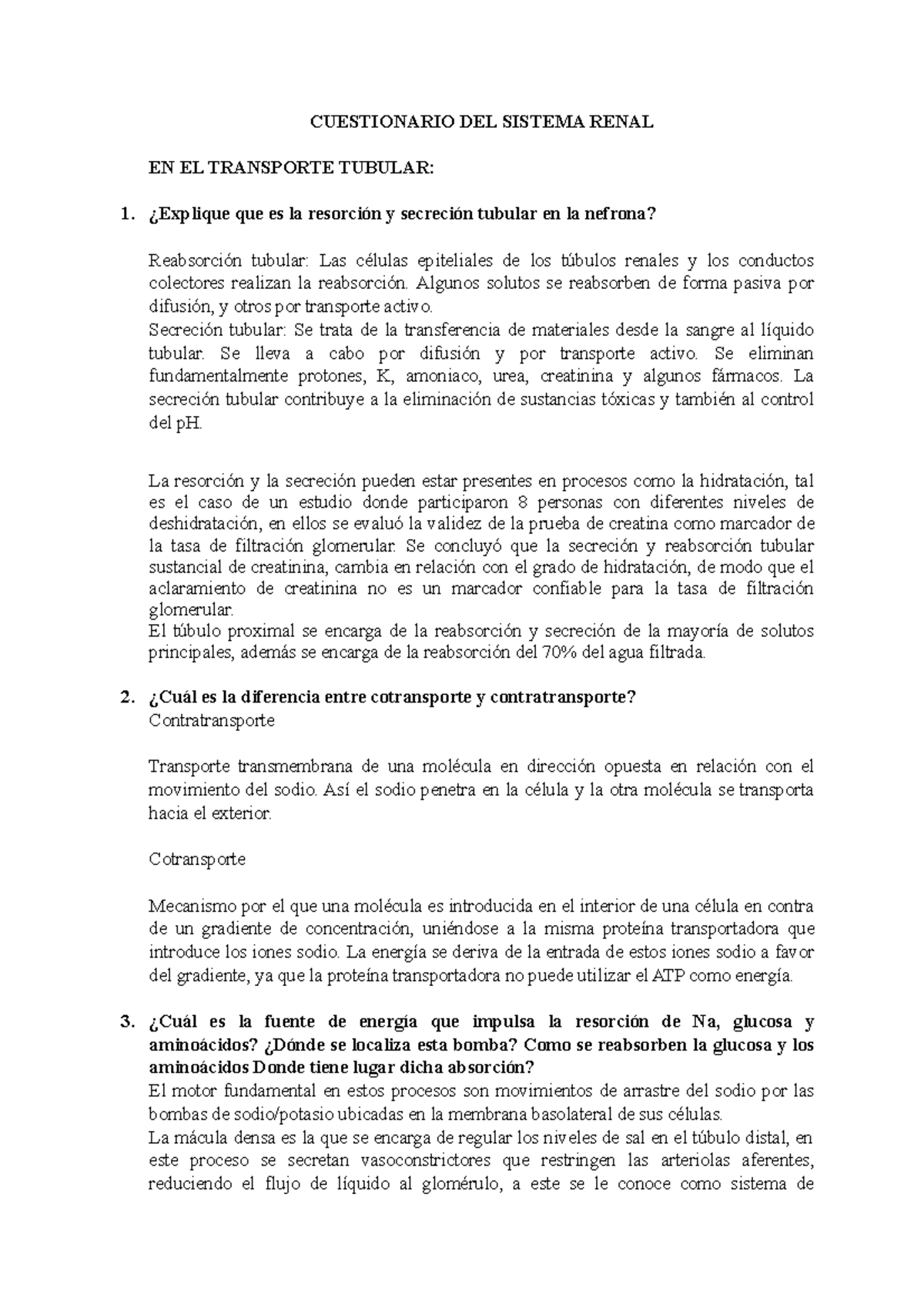Sistema renal - Resumen - CUESTIONARIO DEL SISTEMA RENAL EN EL ...