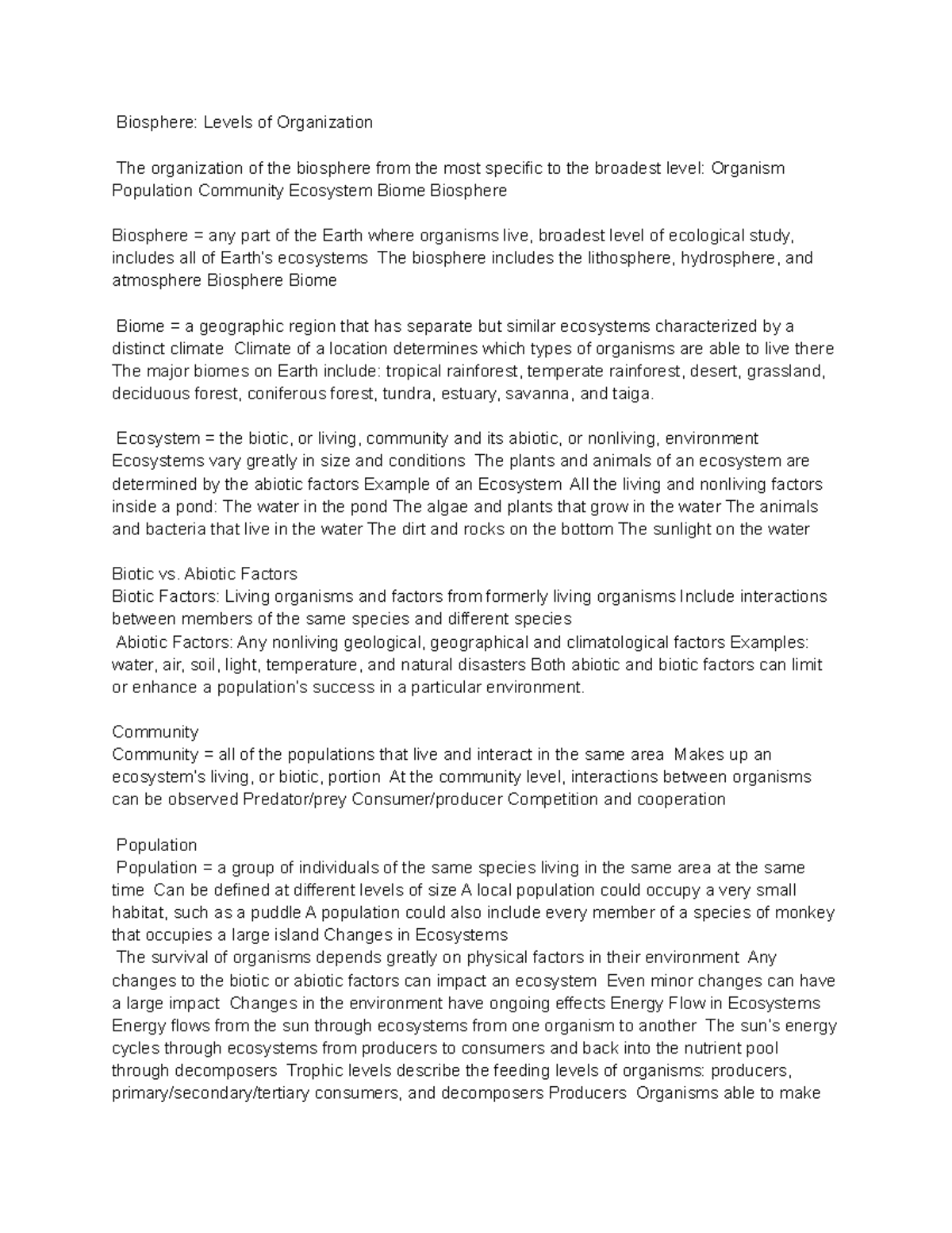 ecosystem notes - Biosphere: Levels of Organization The organization of ...