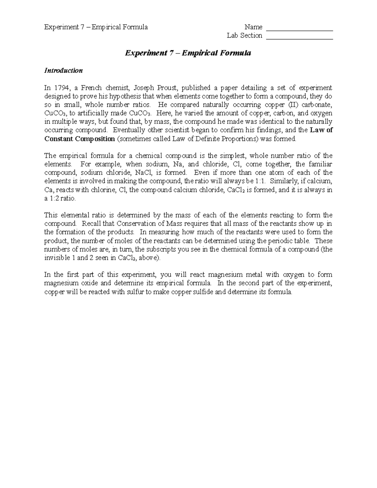 Experiment 7 - Empirical Formula - Lab Section ...