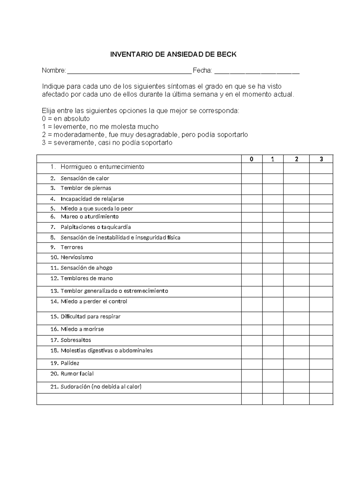 Inventario DE Ansiedad DE BECK - INVENTARIO DE ANSIEDAD DE BECK Nombre ...