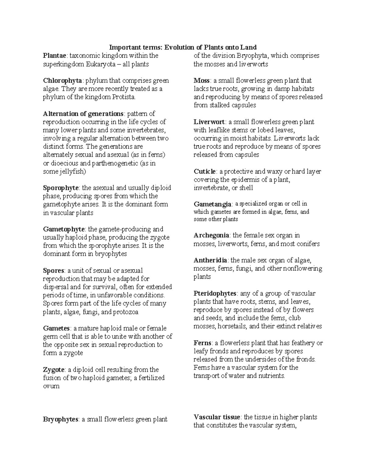 Evolution onto Land - Key terms used for end-of-lecture exams ...