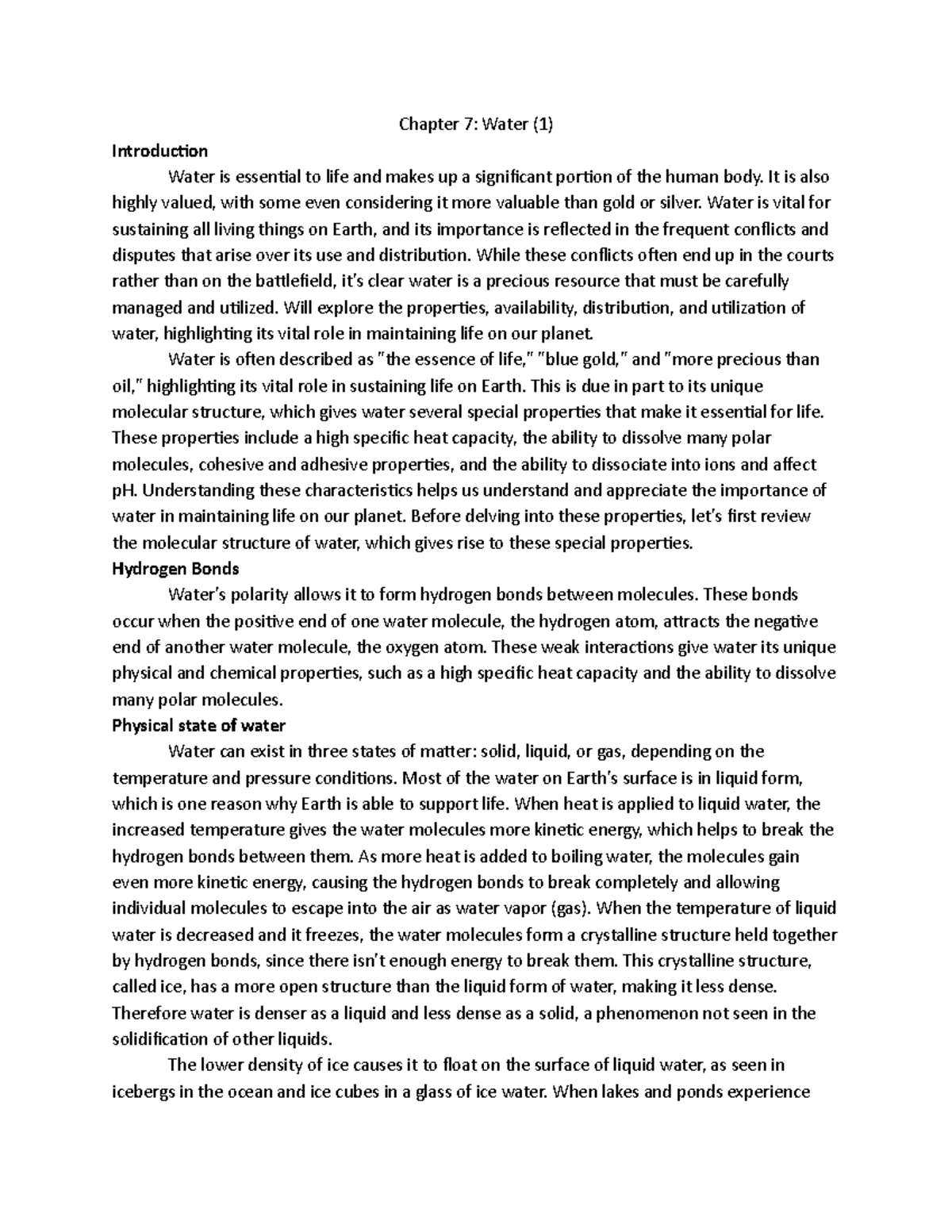 Env Science chp 7.1 - Chapter 7: Water (1) Introduction Water is ...