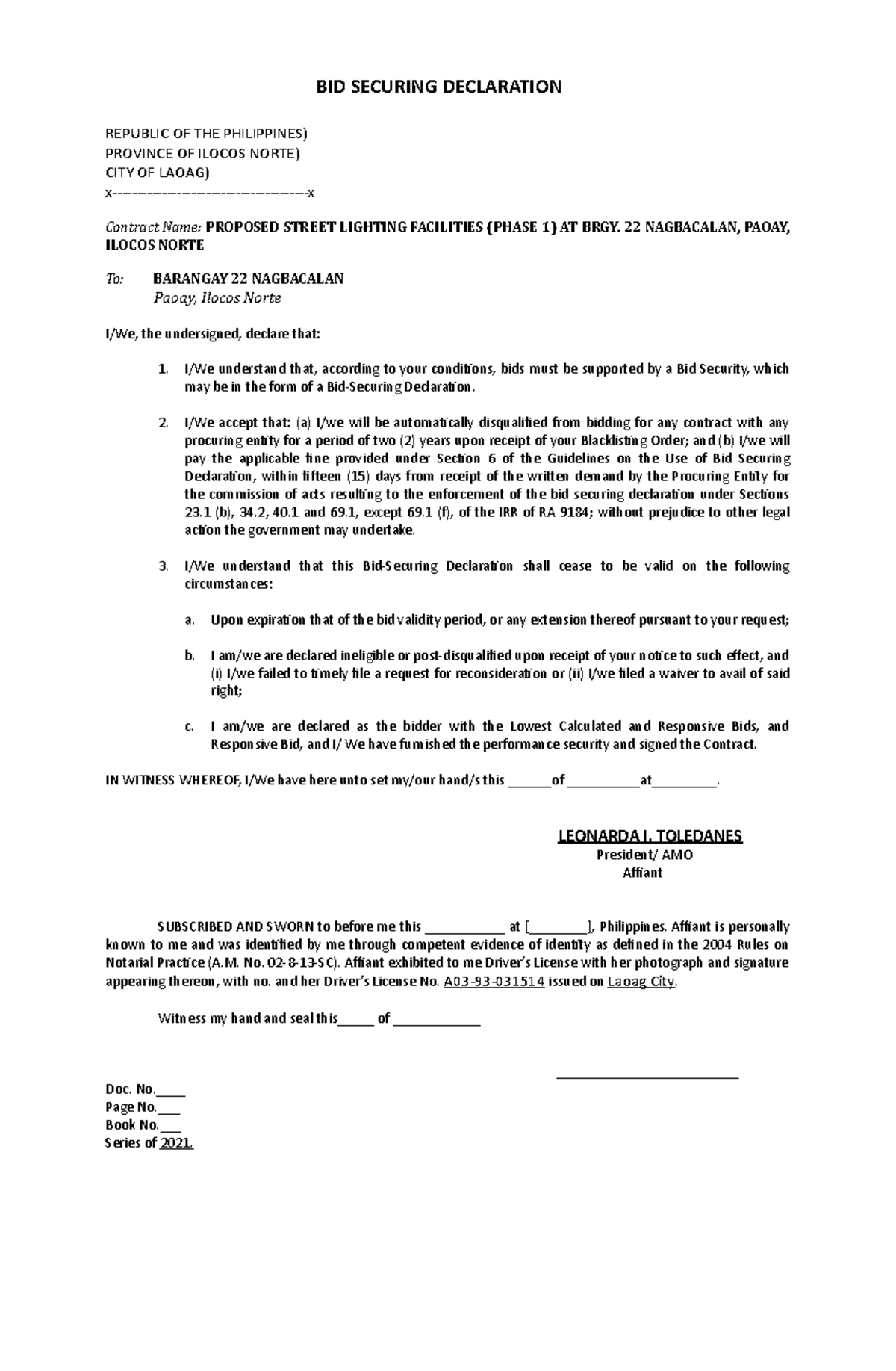 BID Securing Declaration - BID SECURING DECLARATION REPUBLIC OF THE ...