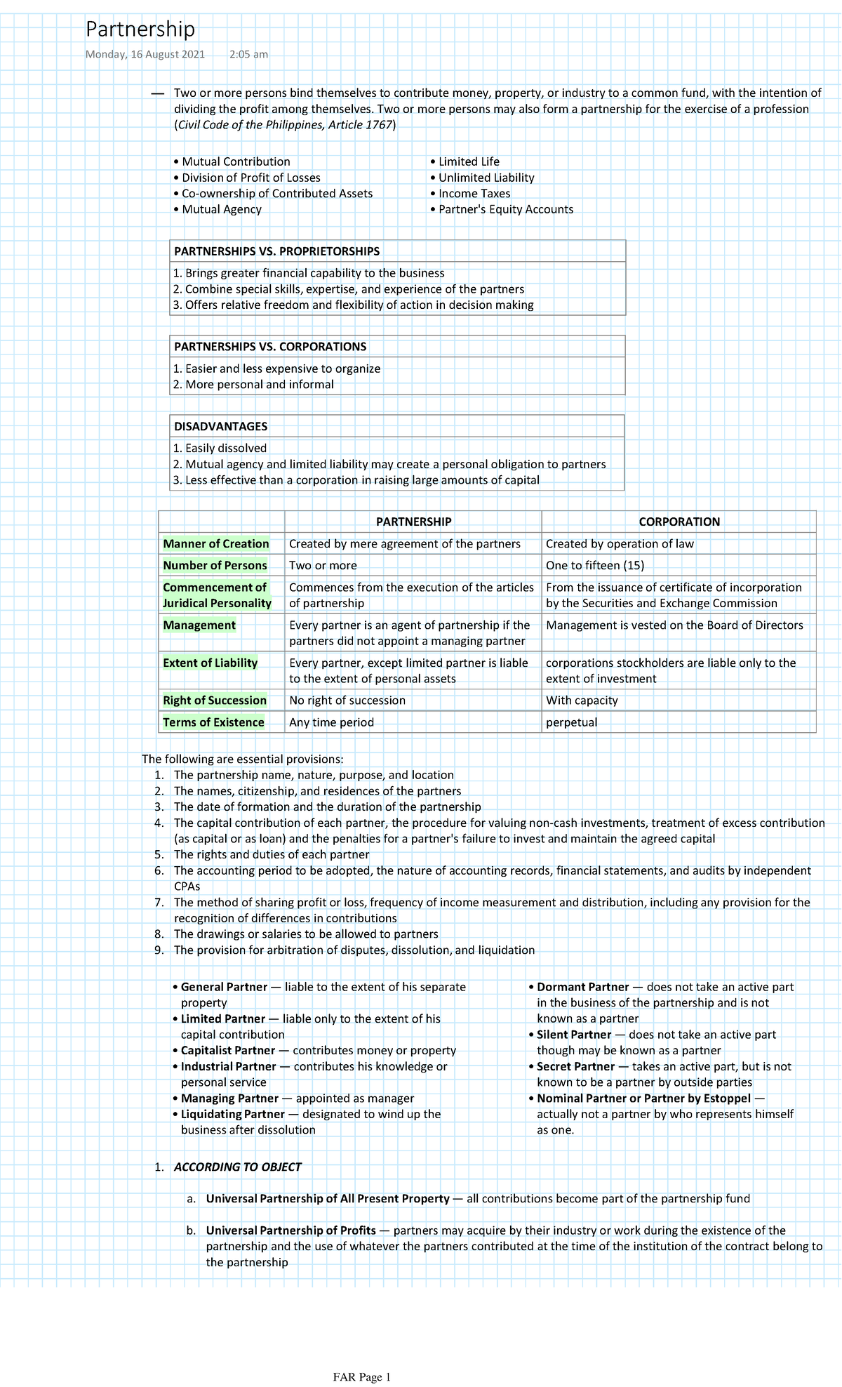 Partnership - Two or more persons bind themselves to contribute money ...