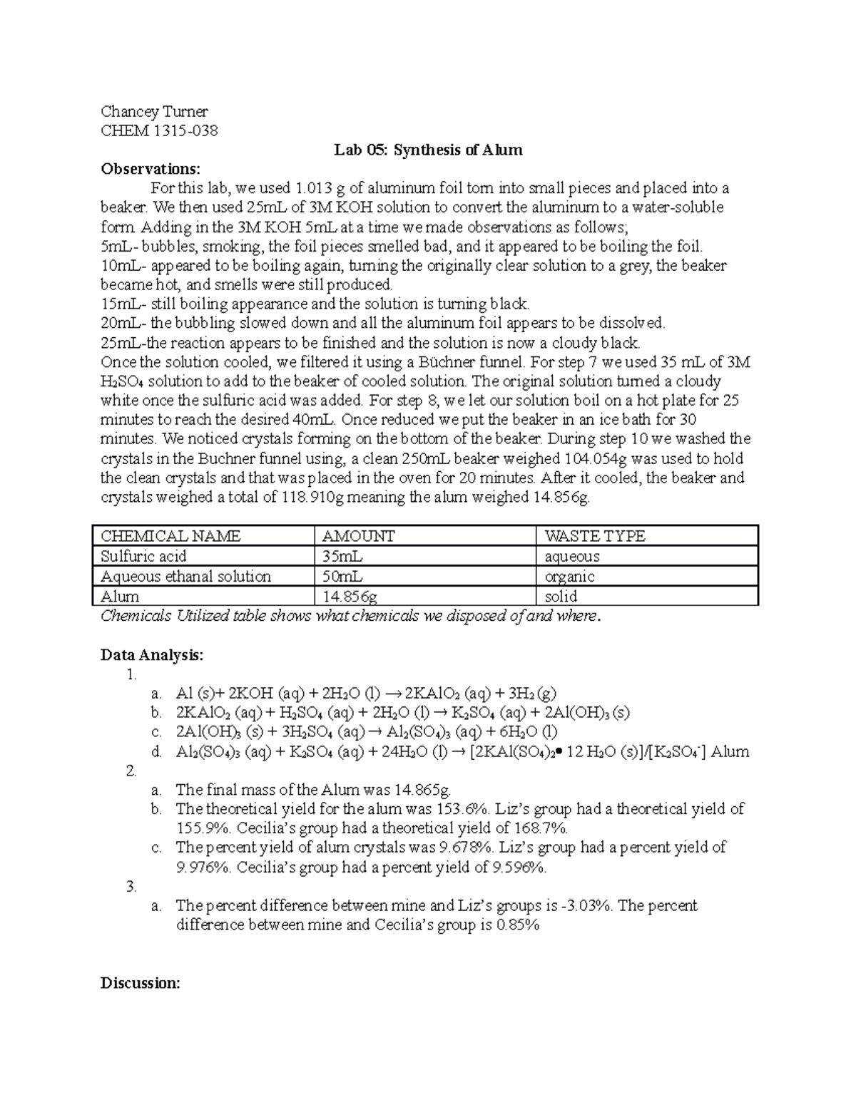 Lab 05 - Dr.O - Chancey Turner CHEM 1315- Lab 05: Synthesis of Alum ...