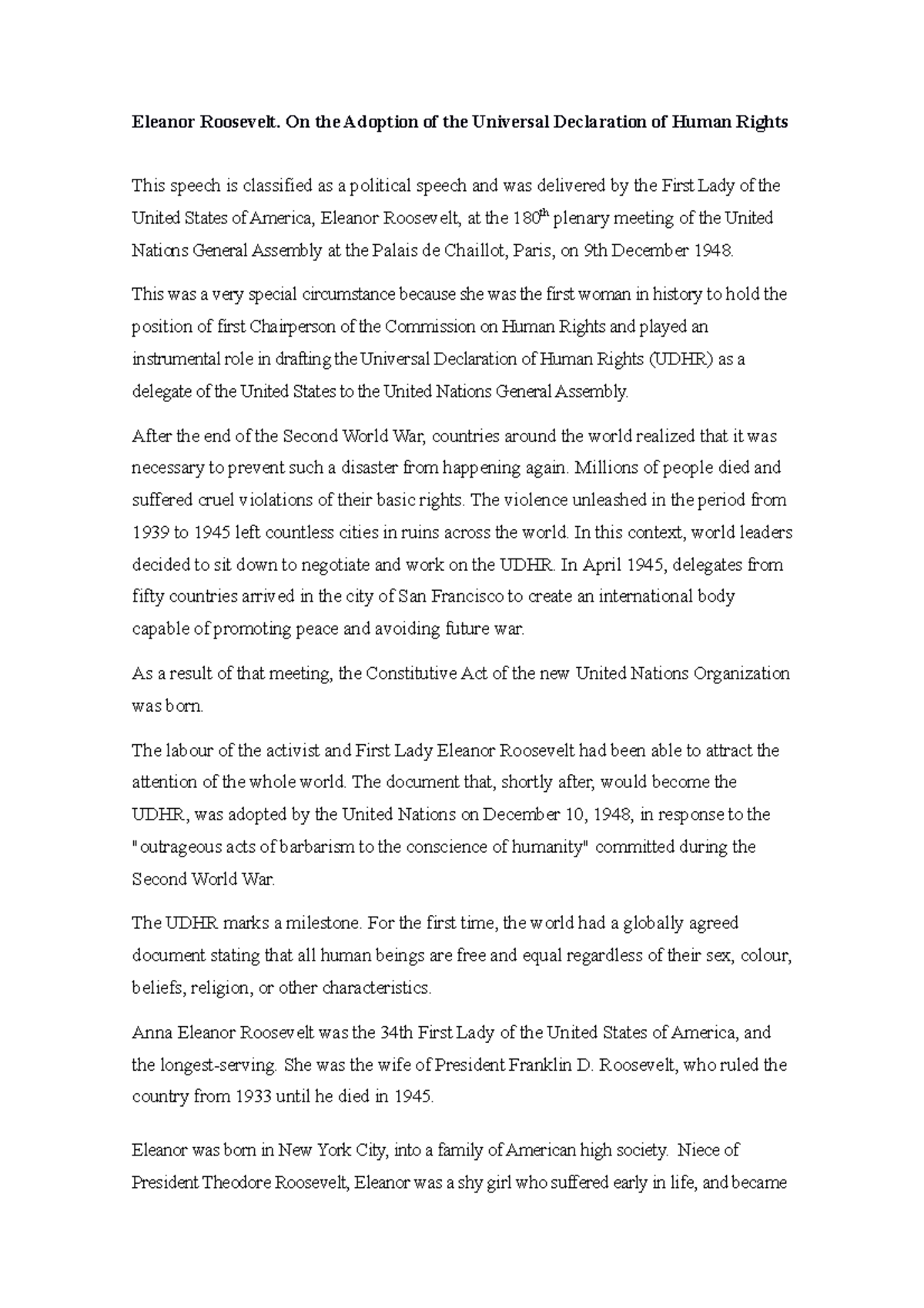 Eleanor Roosevelt. Adoption on the Universal Declaration of Human ...