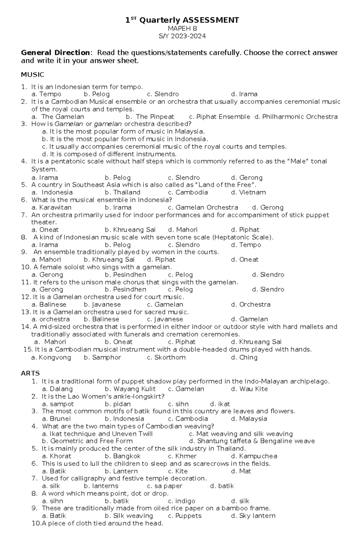 1ST Quarter Summative TEST - 1 ST Quarterly ASSESSMENT MAPEH 8 S/Y 2023 ...