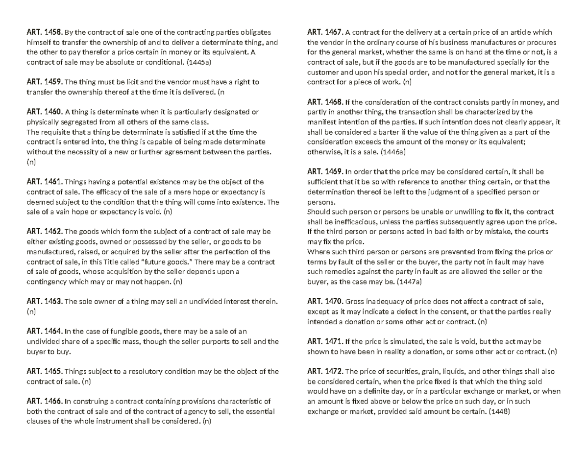 Articles definition 1458 1482 - ART. 1458. By the contract of sale one ...