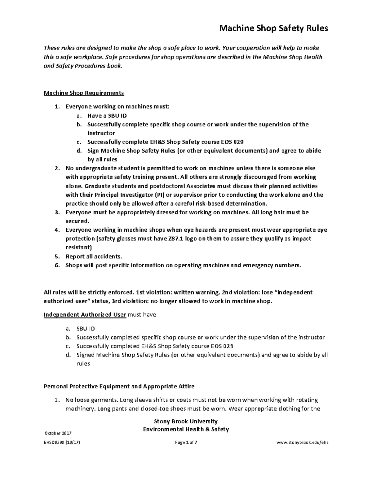 Machine Shop Safety Rules and Agreement - Stony Brook University ...