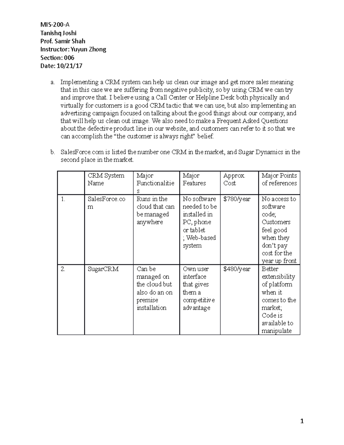 MIS HW 2 - Samir Shah - MIS-200-A Tanishq Joshi Prof. Samir Shah Instructor: Yuyun Zhong Section ...