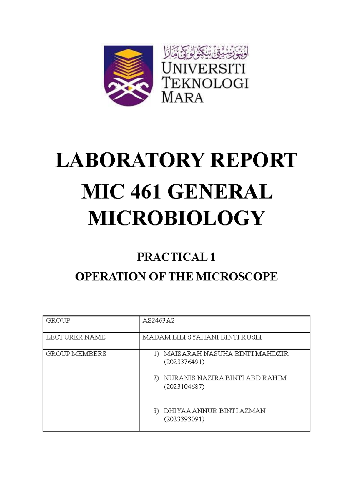 LAB Report MIC461 - LABORATORY REPORT MIC 461 GENERAL MICROBIOLOGY ...