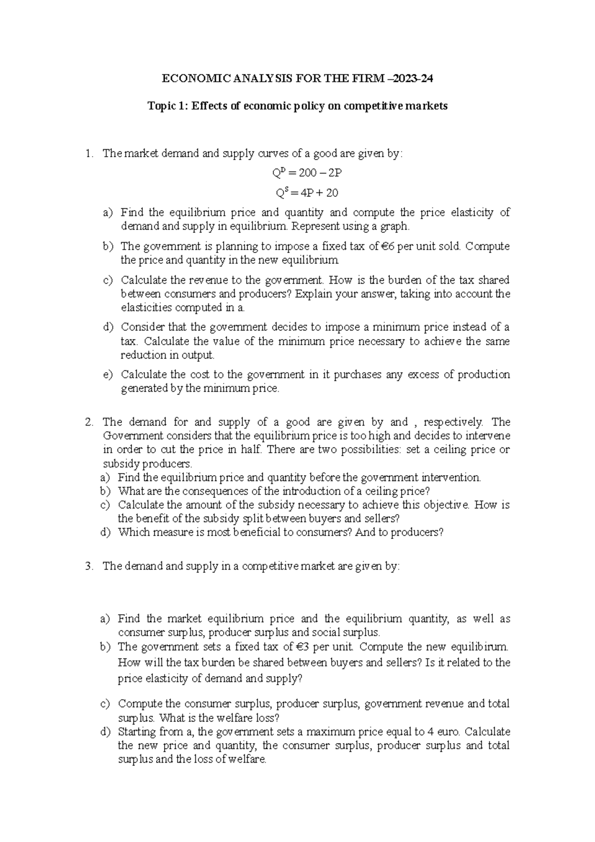 Exercises topic 1 2023-24 - ECONOMIC ANALYSIS FOR THE FIRM –2023- Topic ...