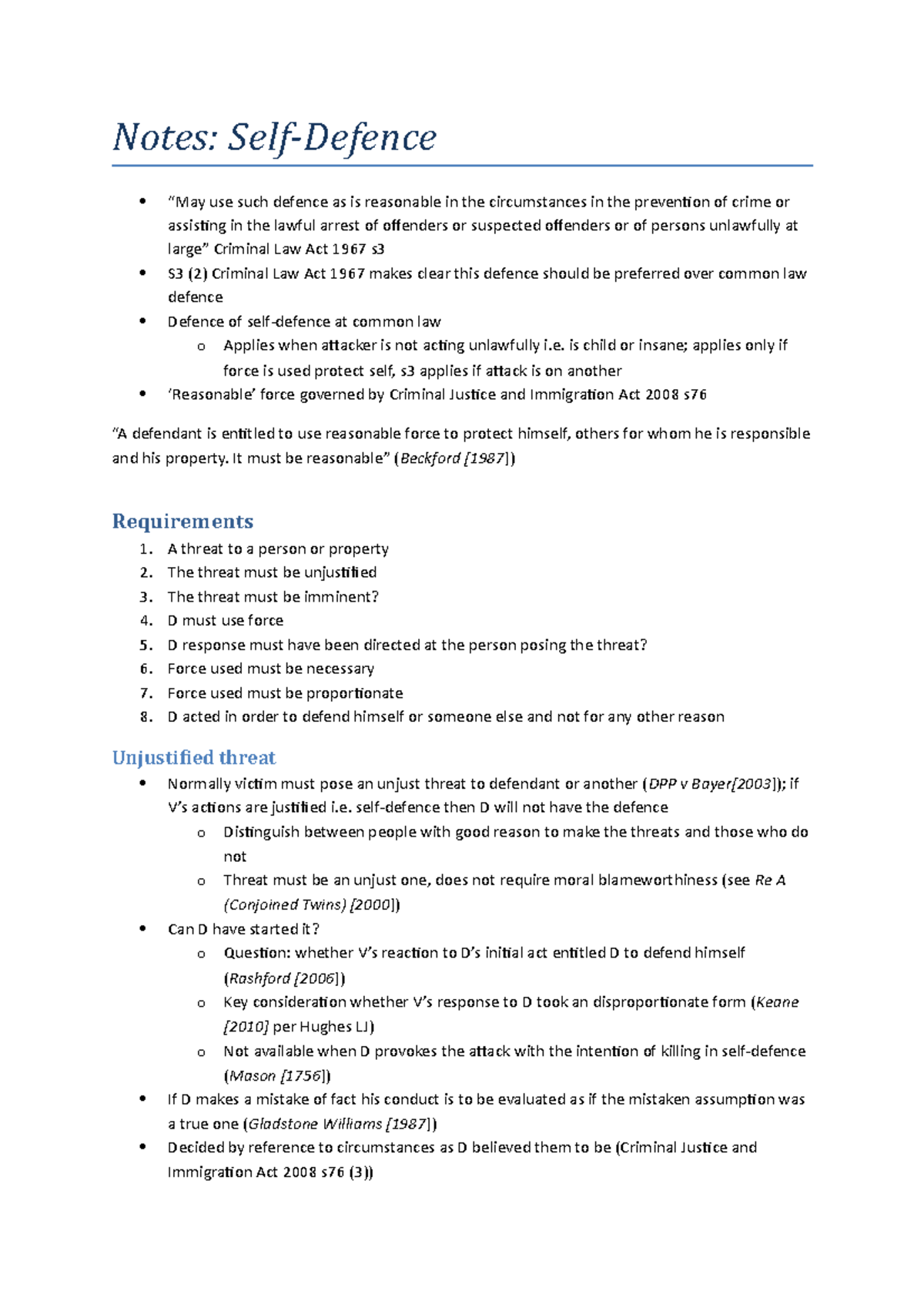 Notes Self-Defence - Summary Criminal Law - Notes: Self-Defence “May ...