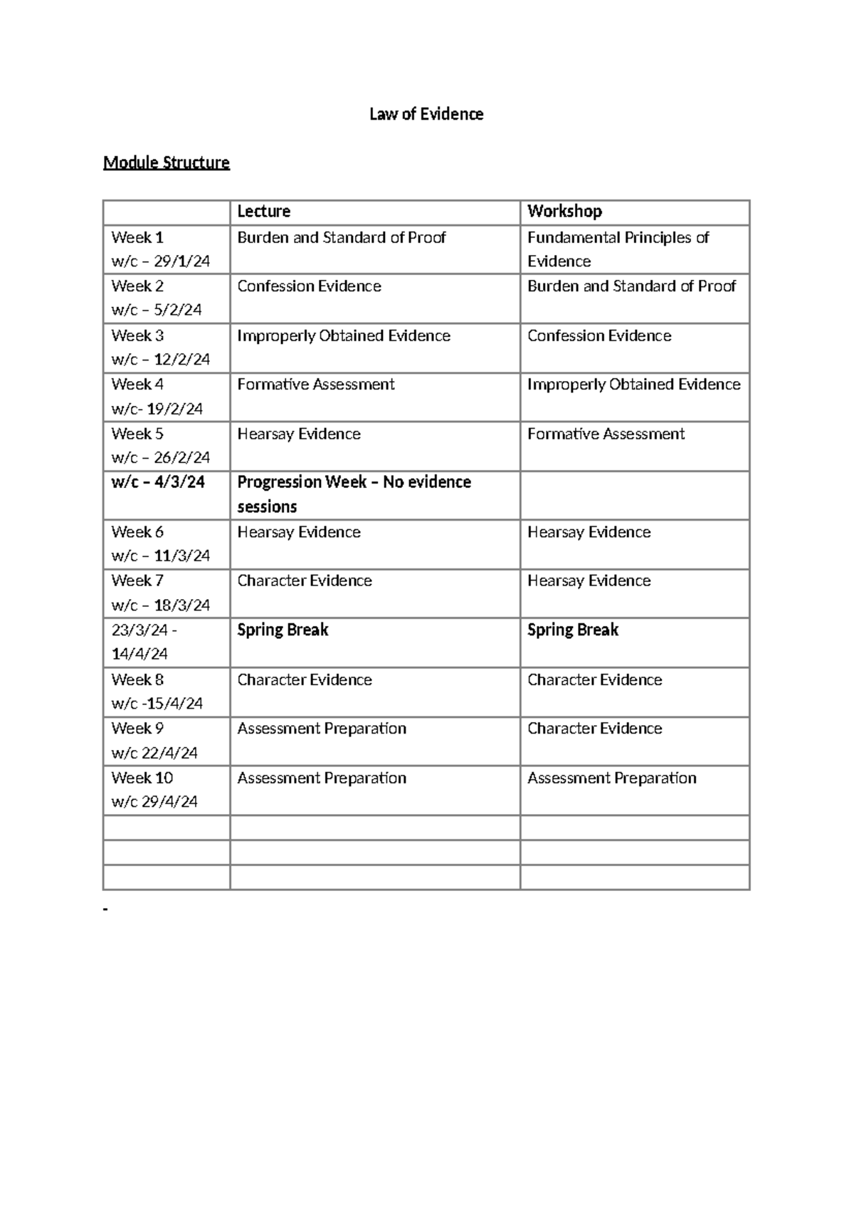Law of Evidence Teaching Timetable - Law of Evidence Module Structure ...