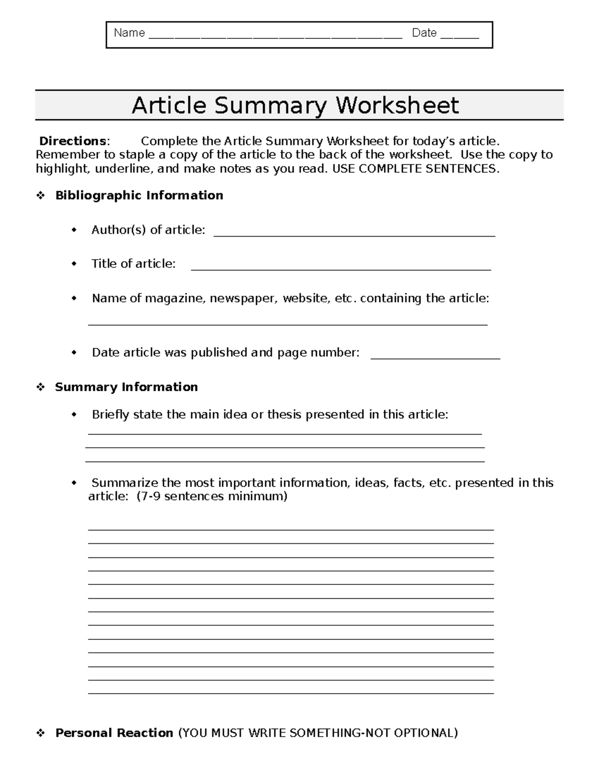 Article Summary Worksheet For Marketing And Different Courses For