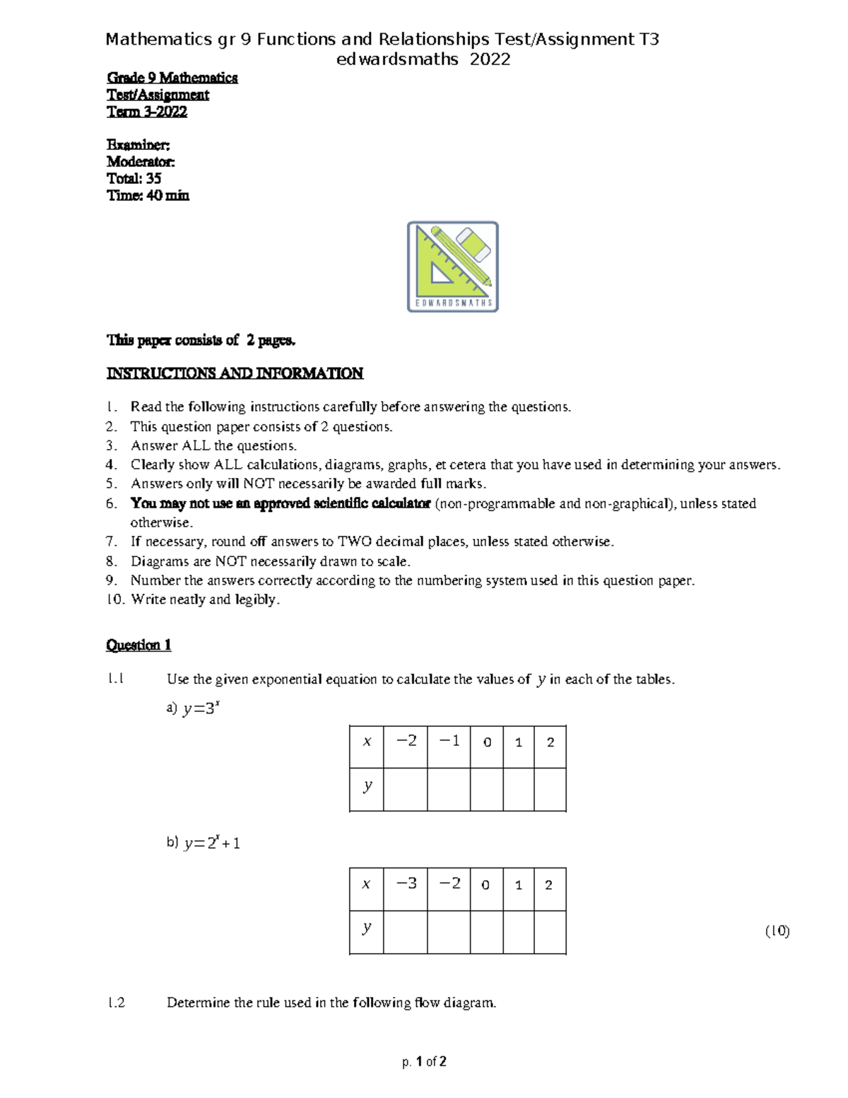 Gr 9 Edwardsmaths Test or Assignment Functions and Relationships T3 ...