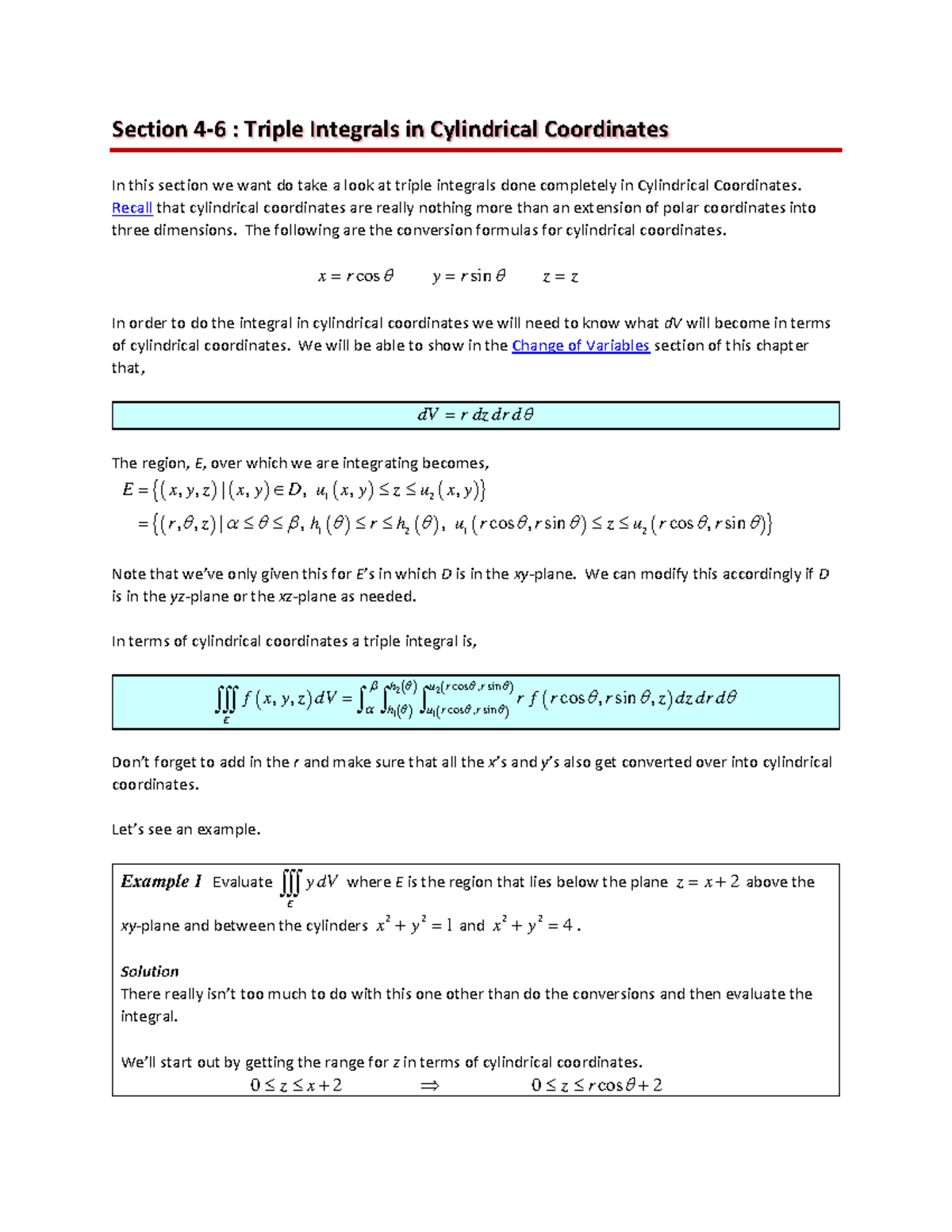 Calc III TICylindrical Coords - Section 4-6 : Triple Integrals in ...