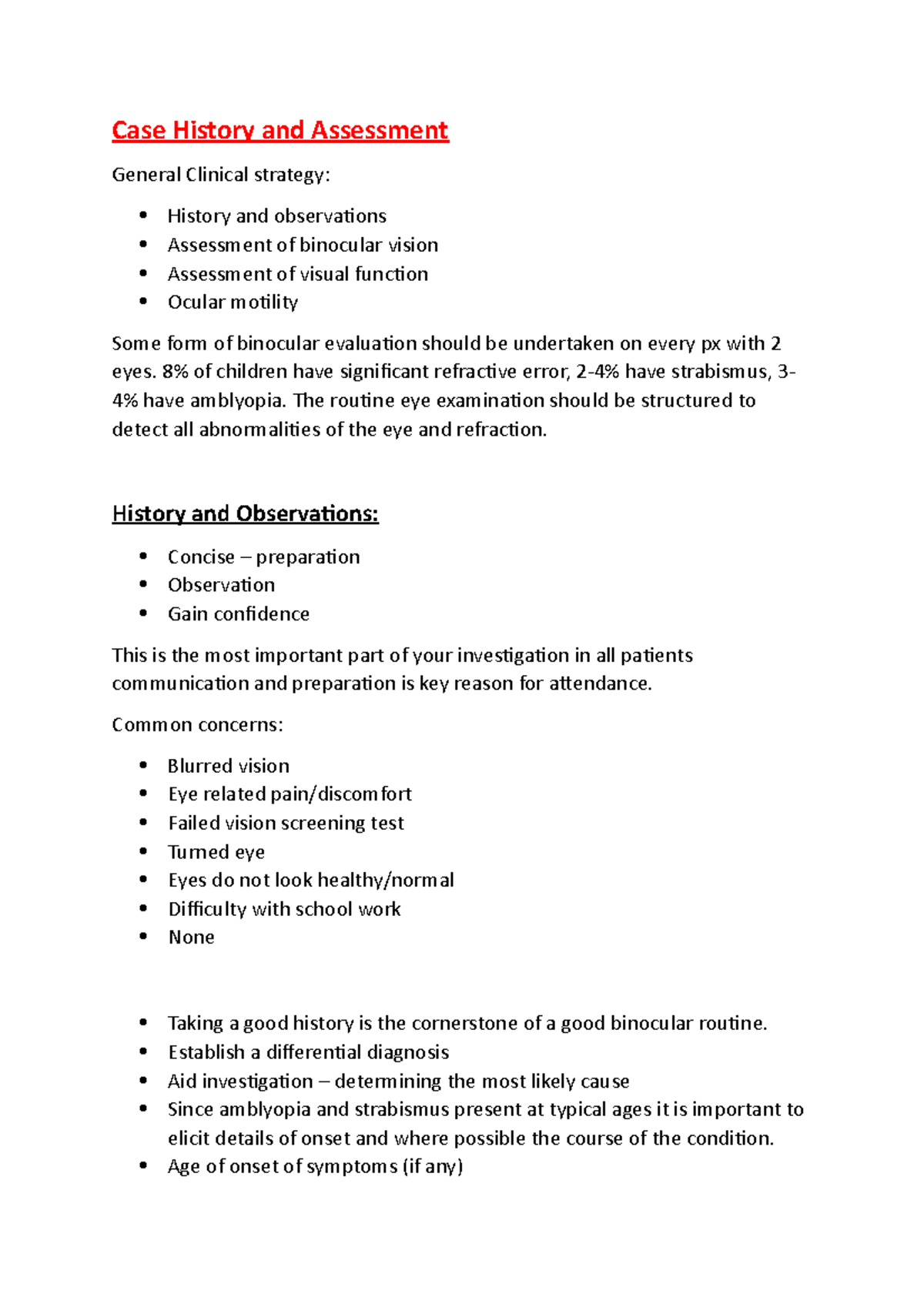 Case History and Assessment lecture notes - Case History and Assessment ...