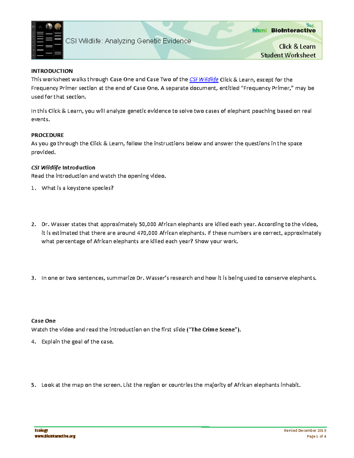 CSIWildlife-Student WS 1-CL biology answer sheet - MATH55 - Harvard ...