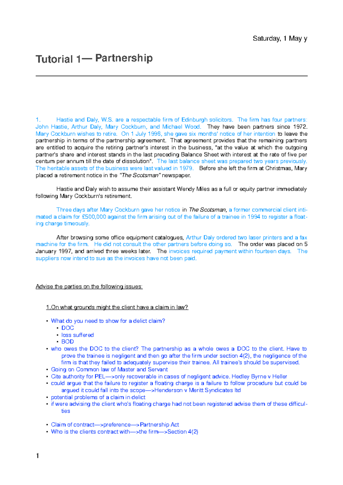 Tutorial 1 - Wednesday, 1 May y Tutorial 1— Partnership 1. Hastie and ...