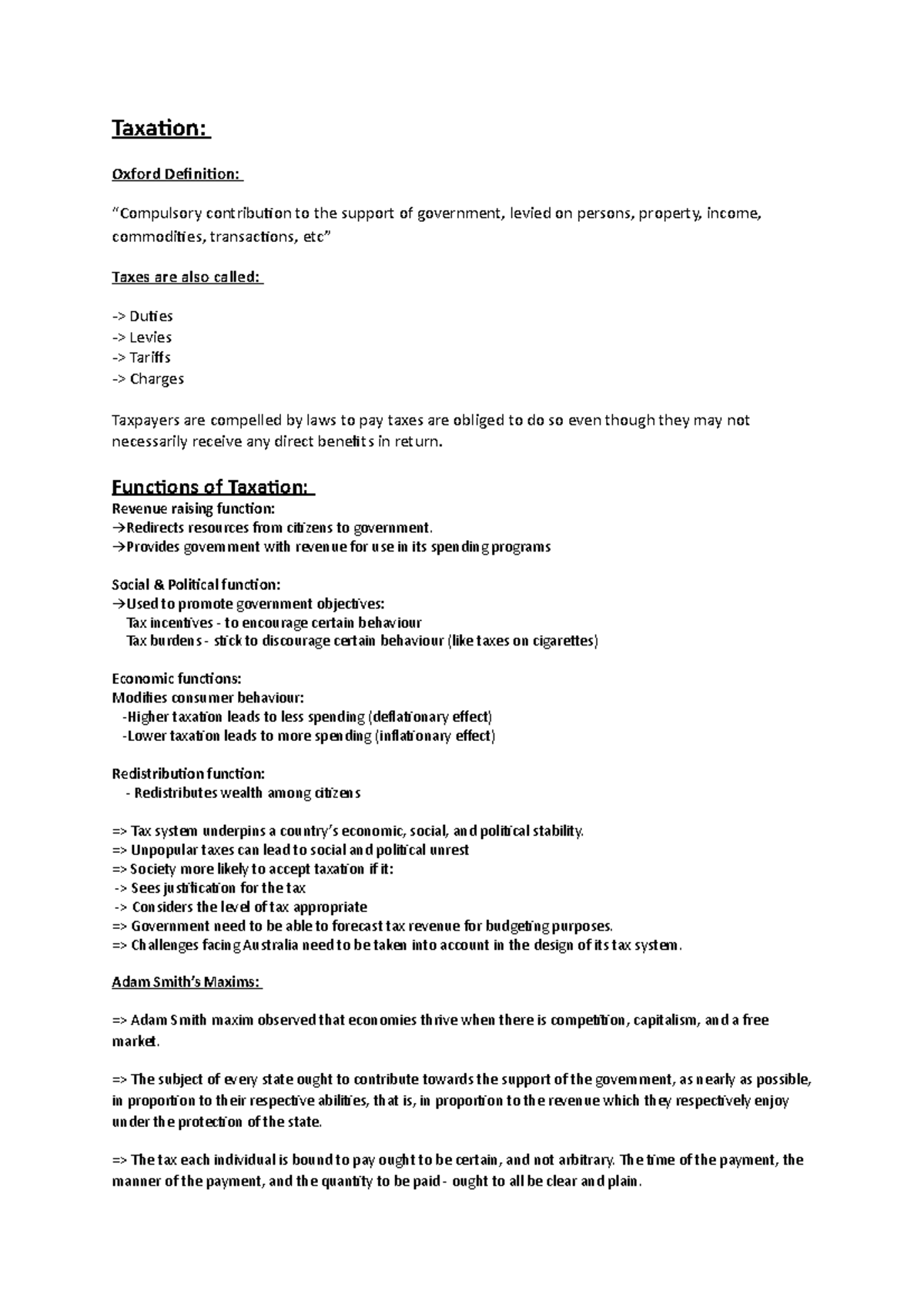 Taxation Notes - Taxation: Oxford Definition: “Compulsory contribution ...