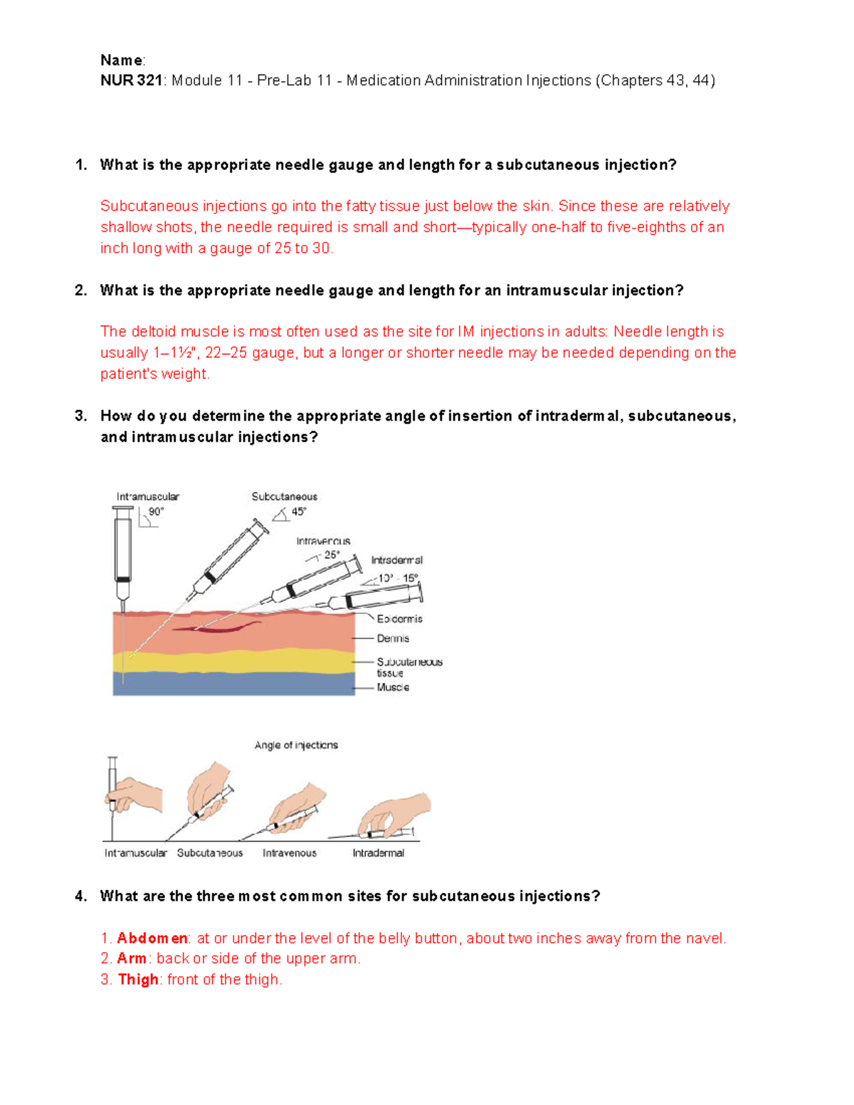 321 Module 11 Pre Lab 11 Medication Administration Injections - Name ...
