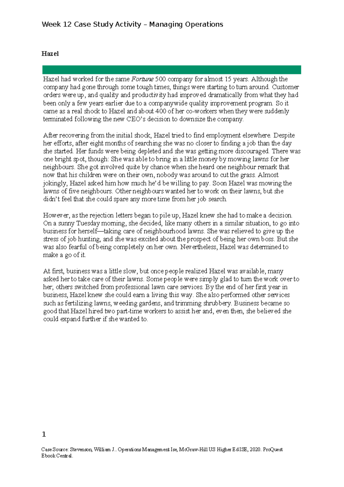 Case Study - Hazel - Week 12 Case Study Activity – Managing Operations ...