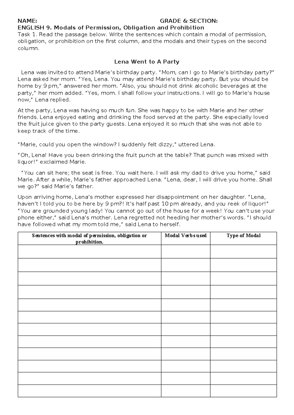 Worksheet on Modals of Permission, Obligation and Prohibition - NAME ...