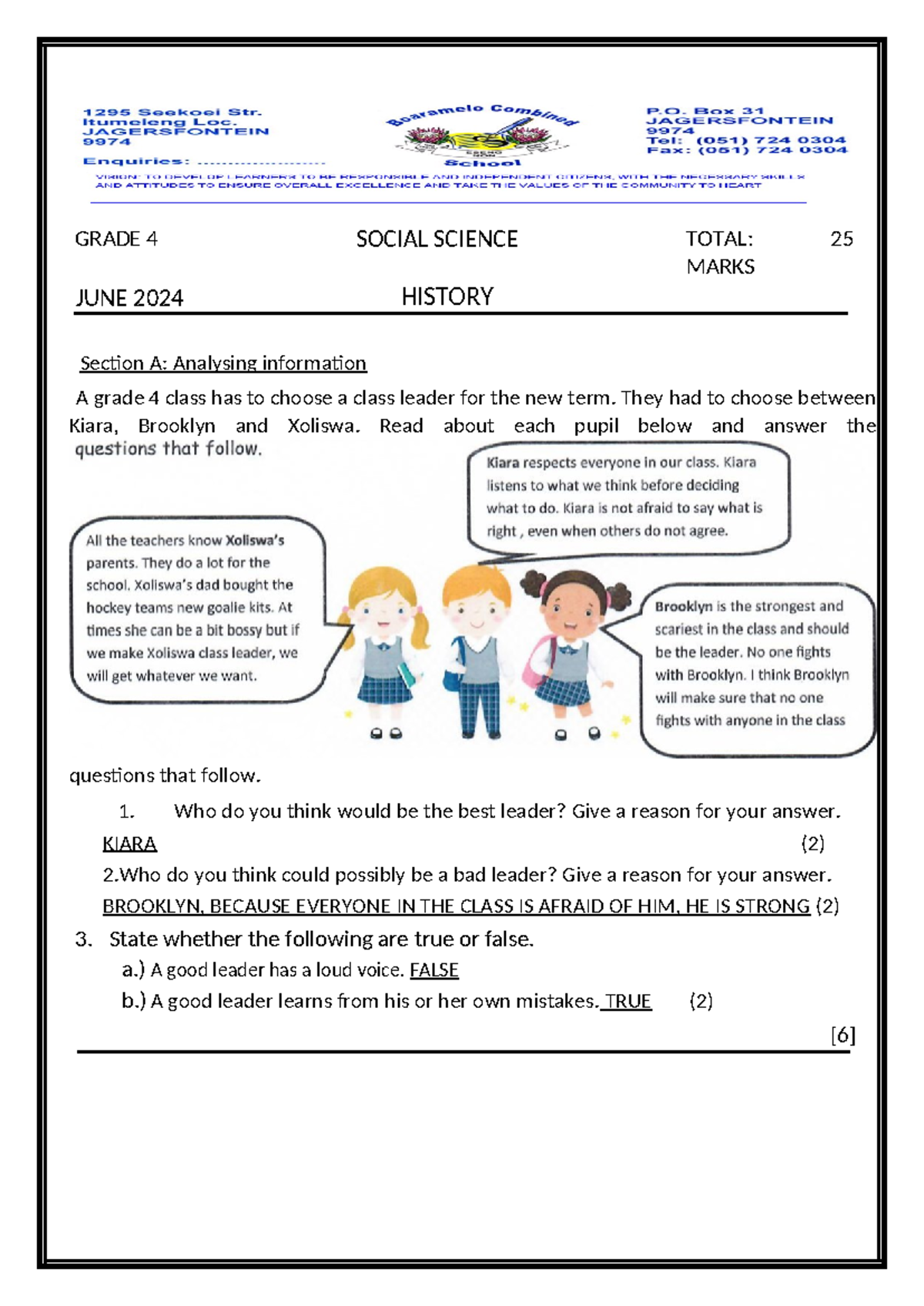 Gr 4 History June 2024 memo - GRADE 4 SOCIAL SCIENCE TOTAL: 25 MARKS ...