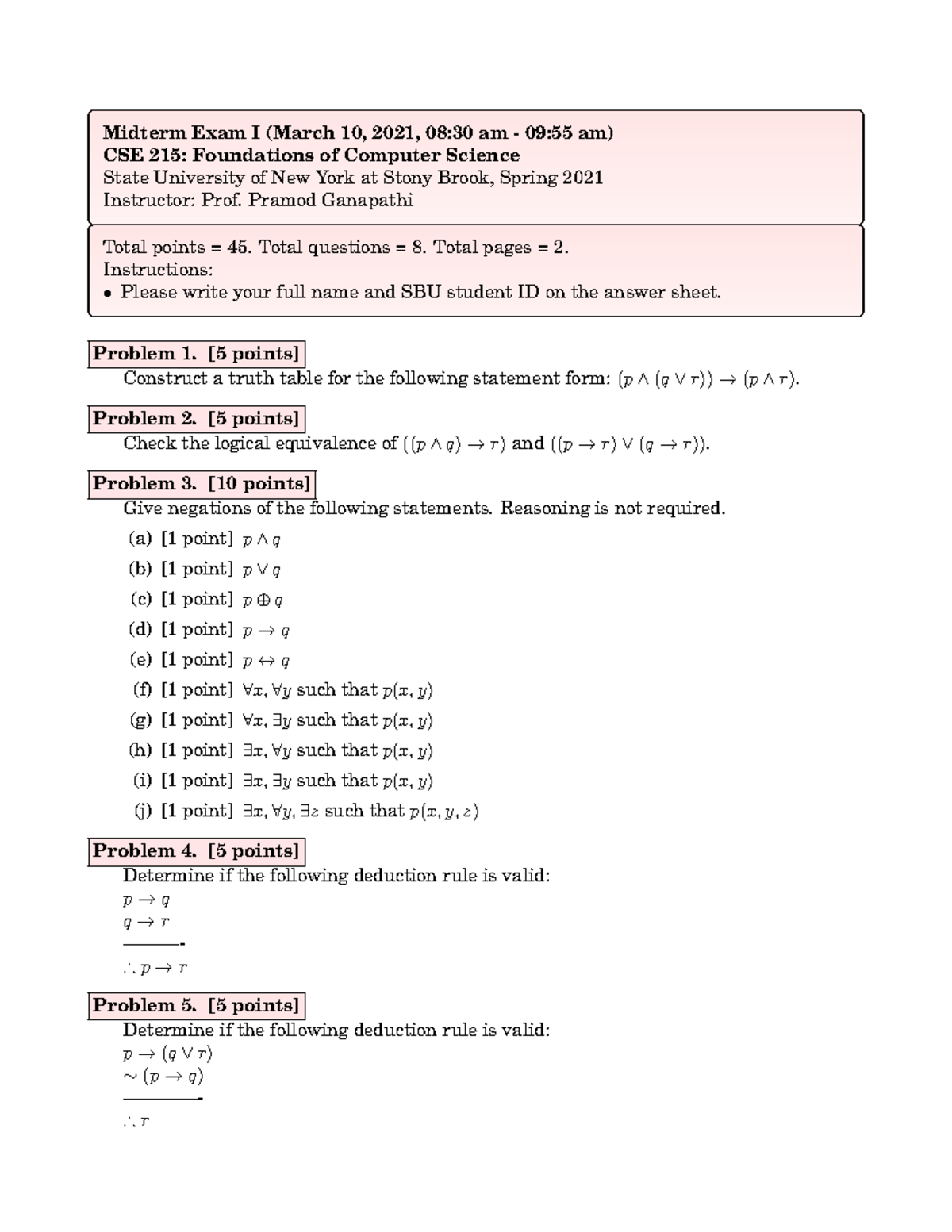 CSE215-2021Spring-Midterm 1 - Midterm Exam I (March 10, 2021, 08:30 am - 09:55 am) CSE 215 ...