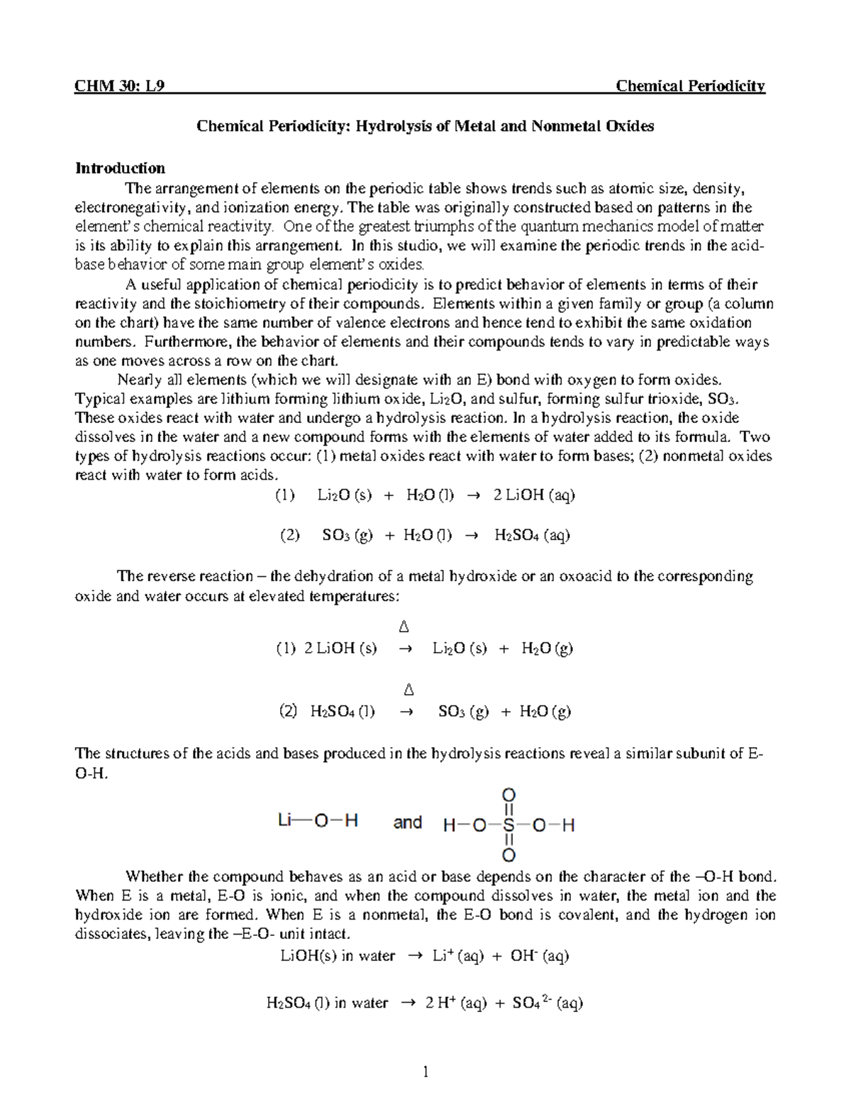9 Chemical Periodicity Handout - CHM 30: L9 Chemical Periodicity ...