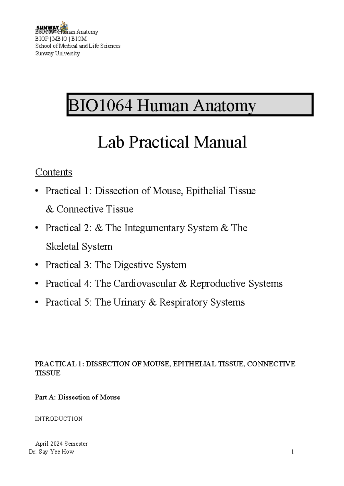 Apr2024 BIO1064 Human Anatomy Practical Manual - BIOP | MBIO | BIOM ...