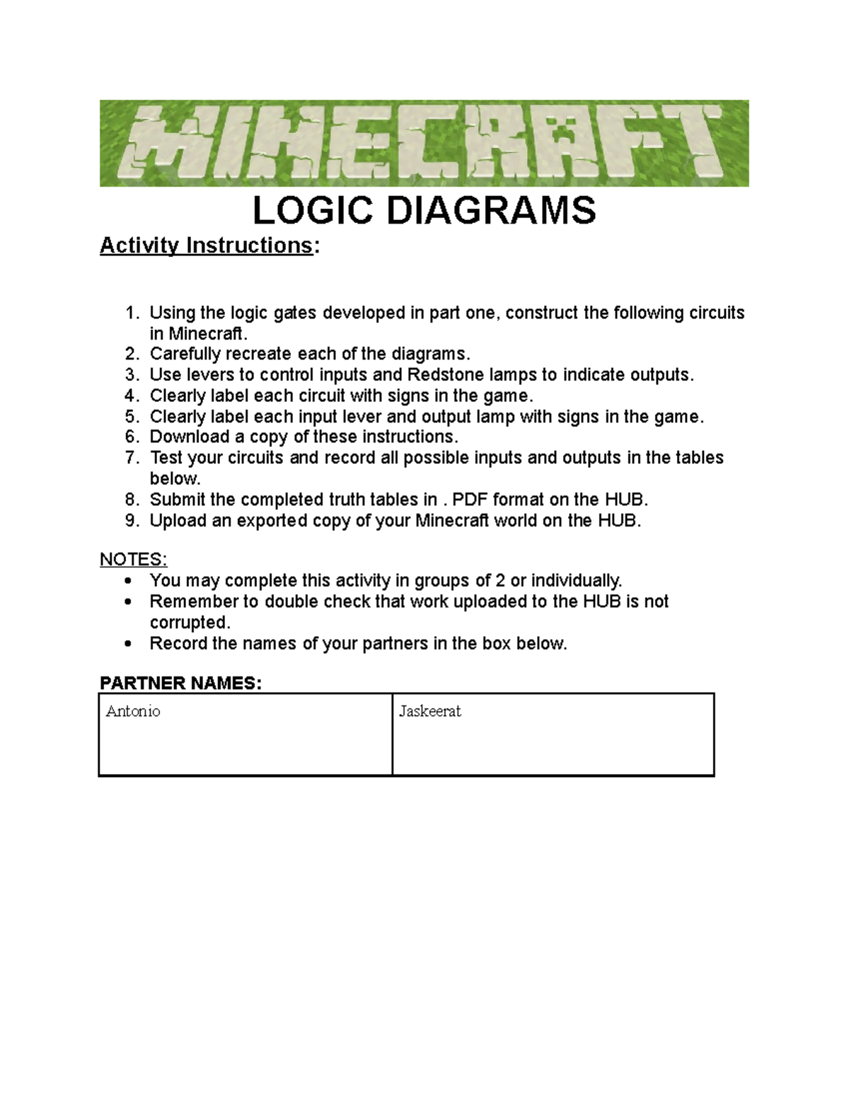 Logic Diagrams - LOGIC DIAGRAMS Activity Instructions: 1. Using the ...