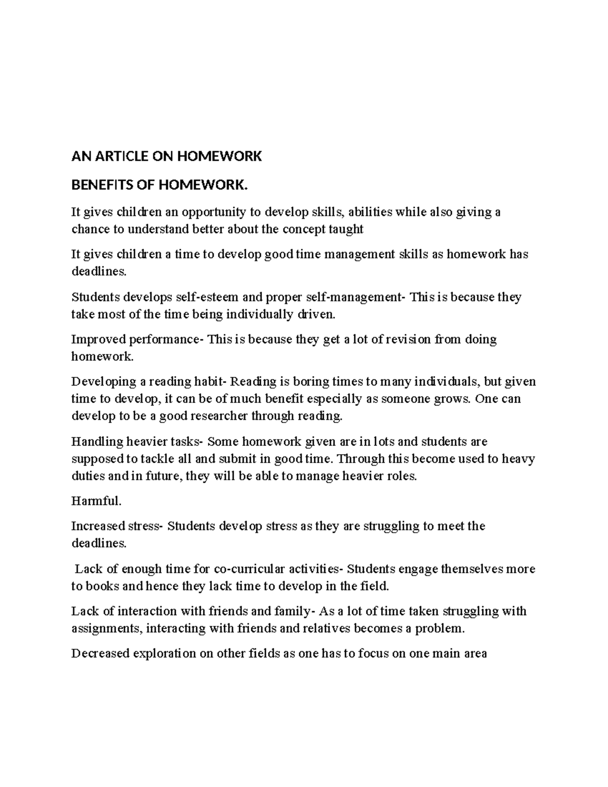 AN Article ON Homework - classroom notes - AN ARTICLE ON HOMEWORK ...