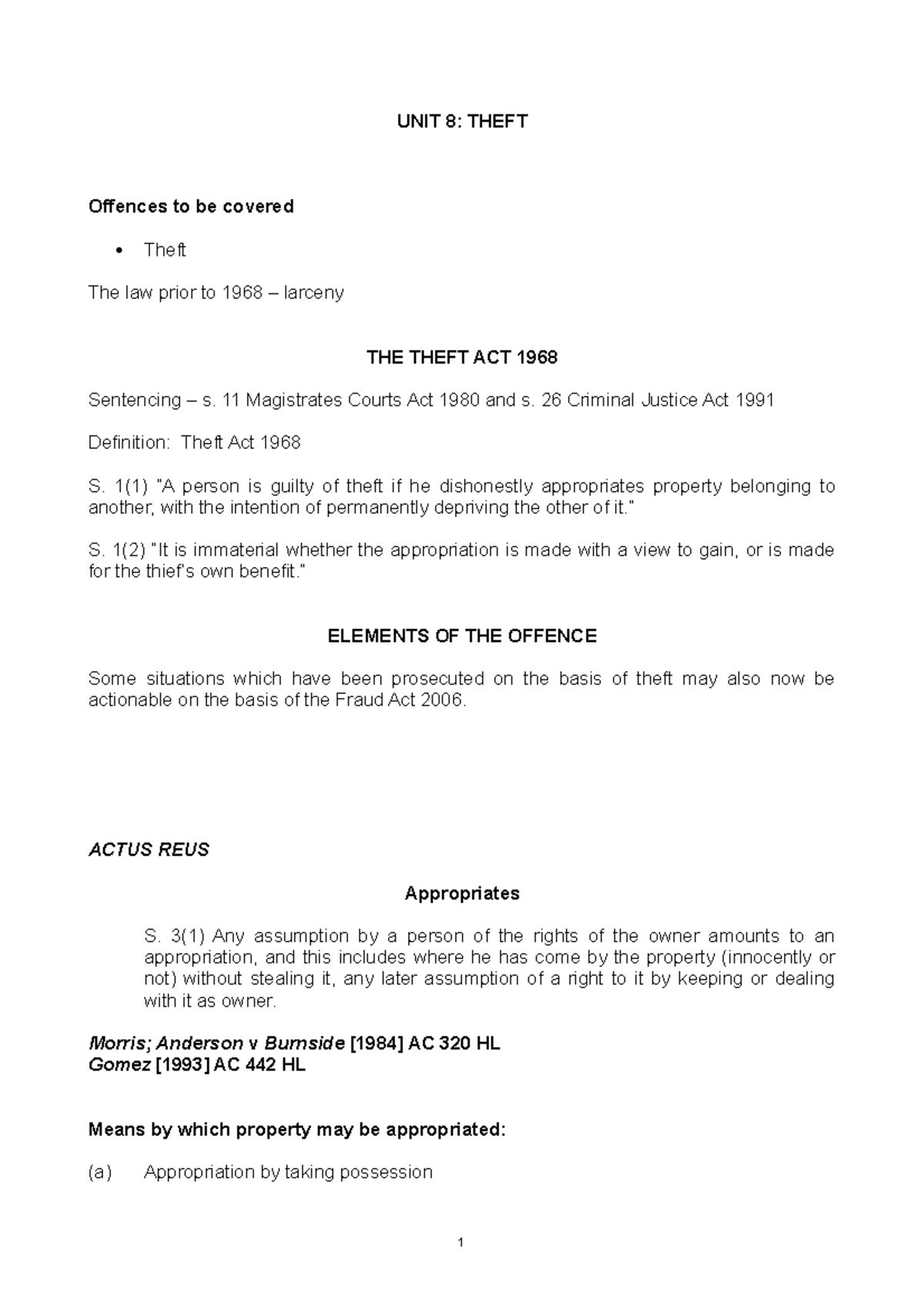 Theft (unit 8) - UNIT 8: THEFT Offences to be covered Theft The law ...