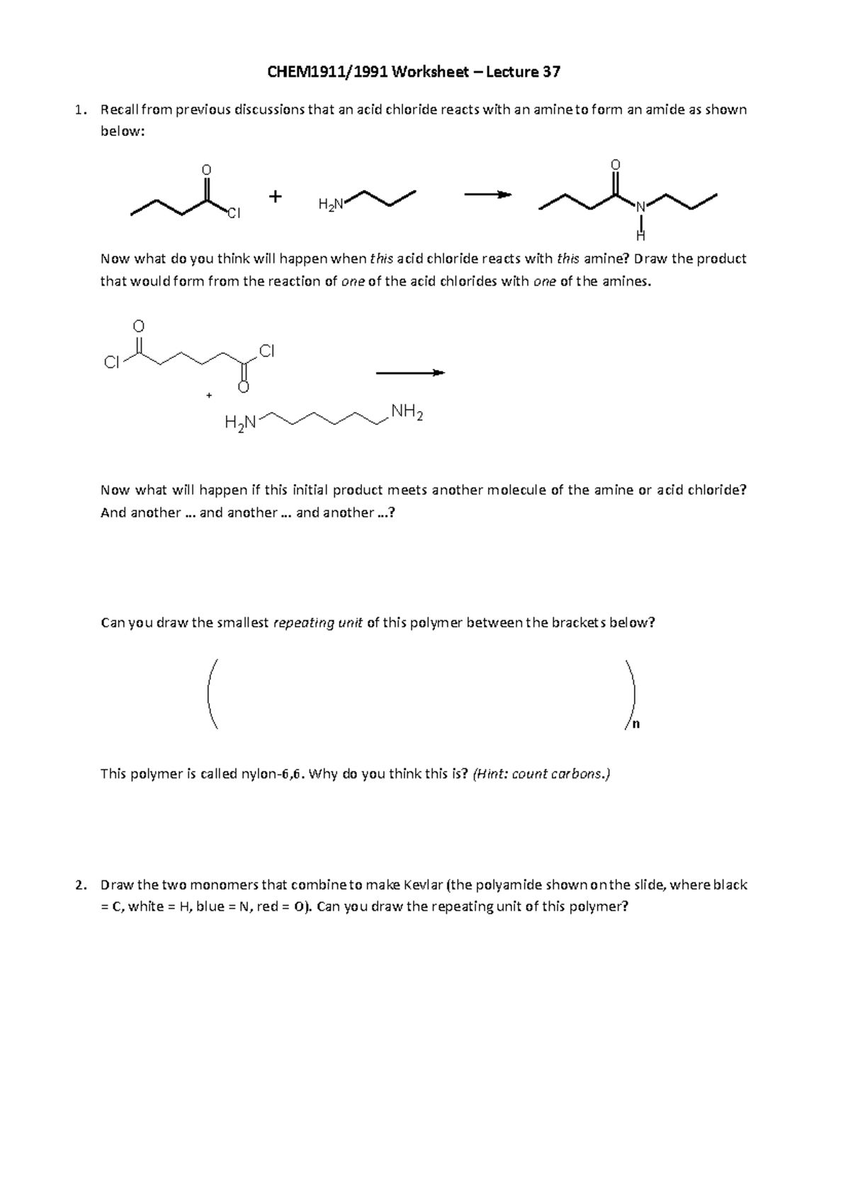 Worksheet 37 - CHEM1911/1991 Worksheet – Lecture 37 1. Recall from ...