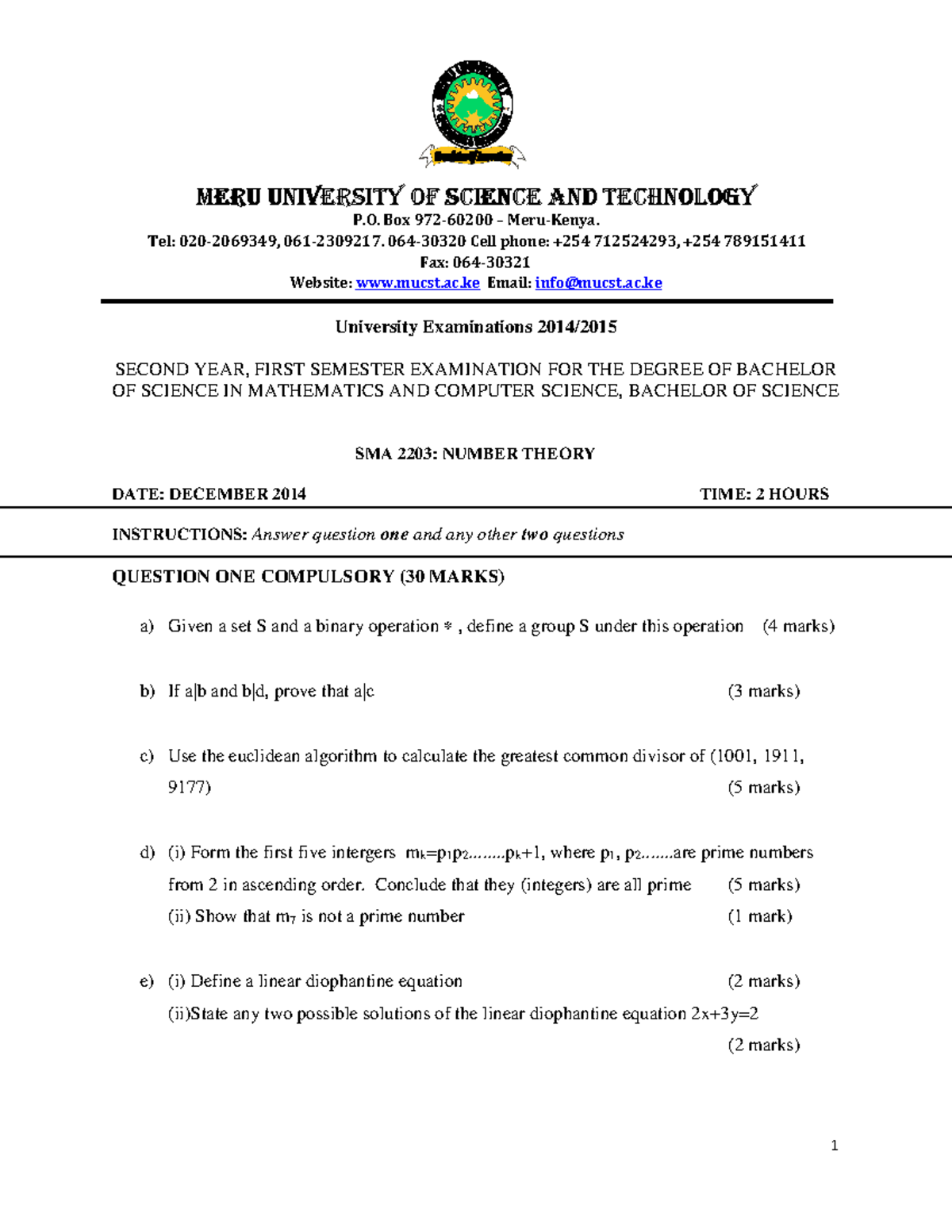 Number Theory SMA 2203 - Mathematics department notes - 1 MERU ...